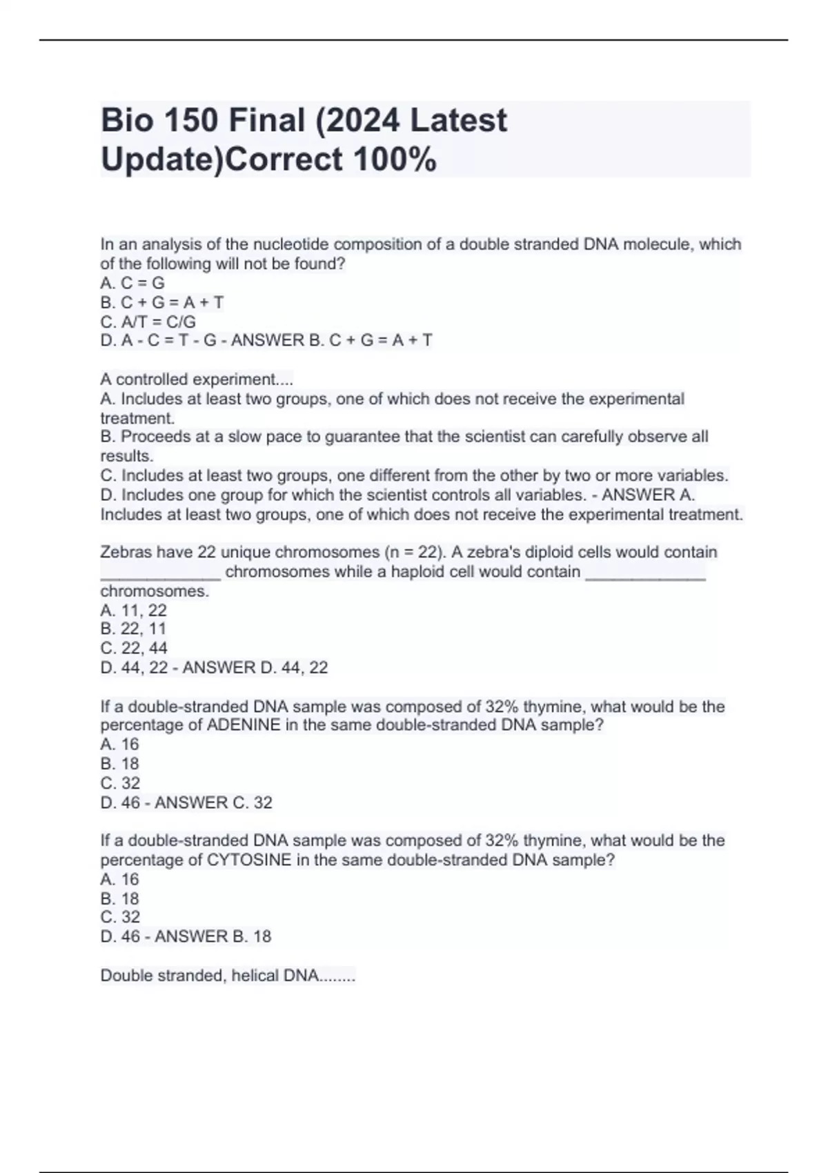 Bio 150 Final (2024 Latest Update)Correct 100% - Bio 150 - Stuvia US