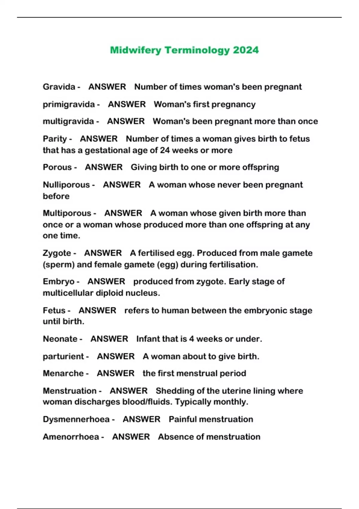 Midwifery Terminology 2024 - Midwifery Terminology - Stuvia US