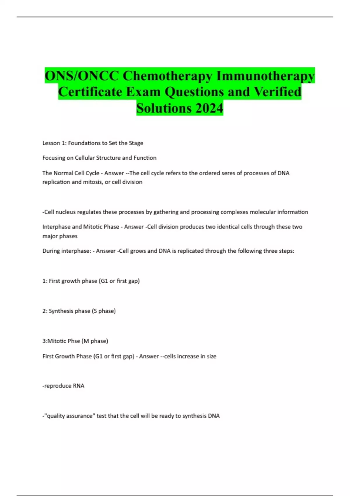 ONS/ONCC Chemotherapy Immunotherapy Certificate Exam Questions and ...