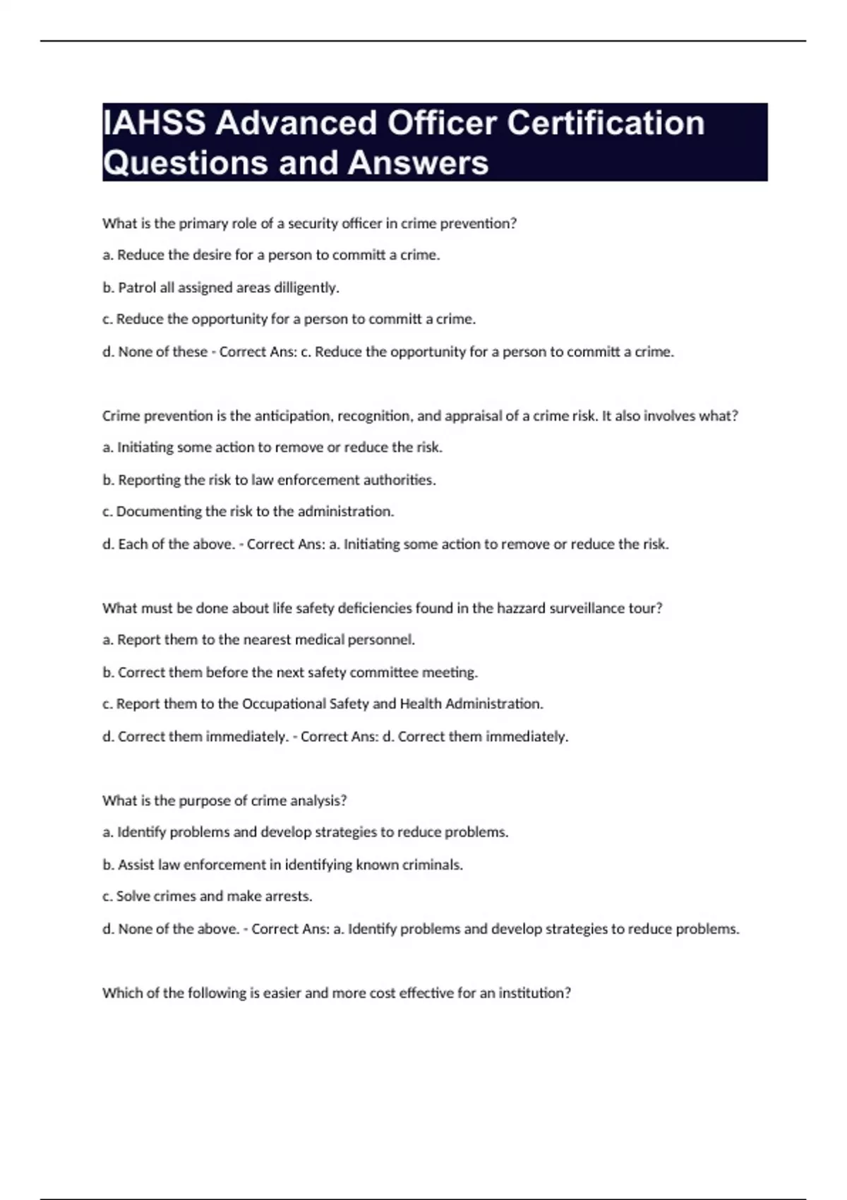 IAHSS Advanced Officer Certification Questions and Answers - Iahss ...