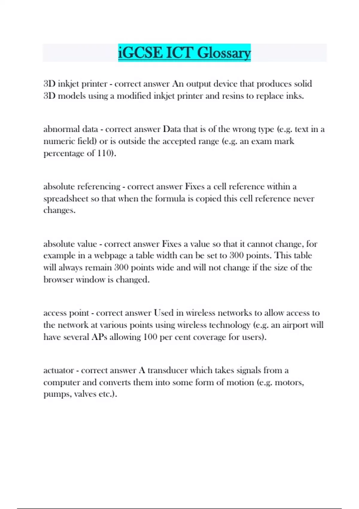 iGCSE ICT Glossary Question and answers latest update - Ict 0417 ...