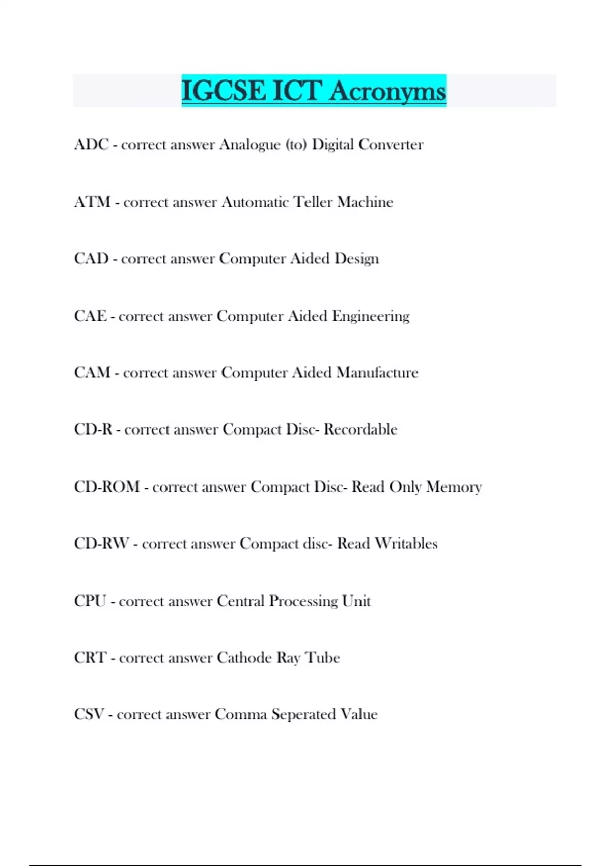 IGCSE ICT Acronyms Question and answers latest update - Ict 0417 ...