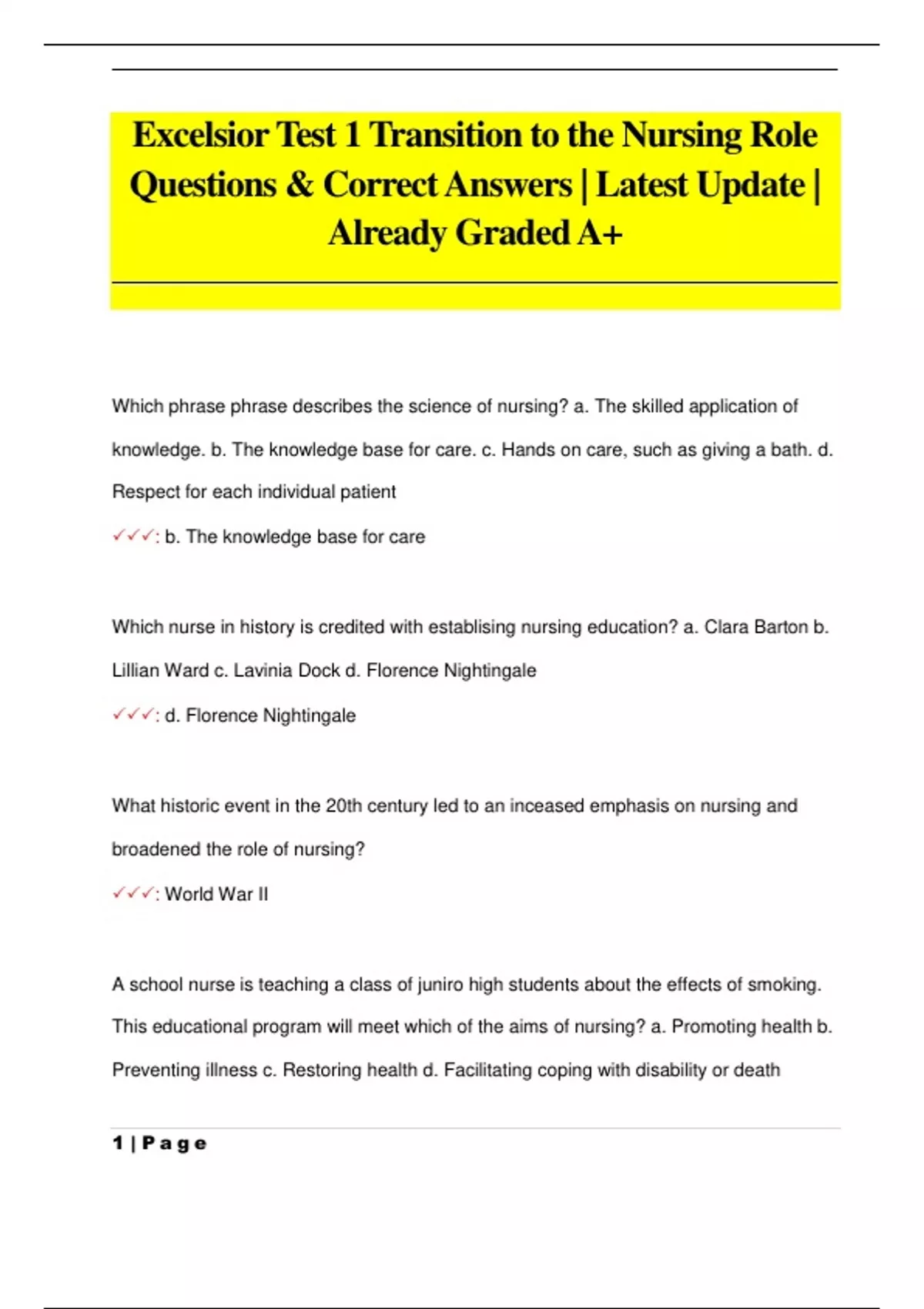 Excelsior Test 1 Transition to the Nursing Role Questions & Correct ...