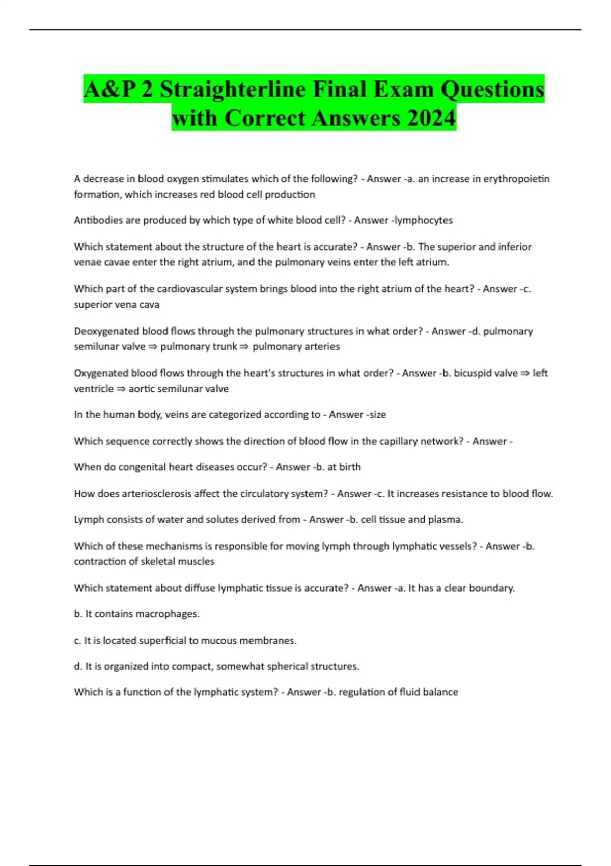 A&P 2 Straighterline Final Exam Questions with Correct Answers 2024 - A ...