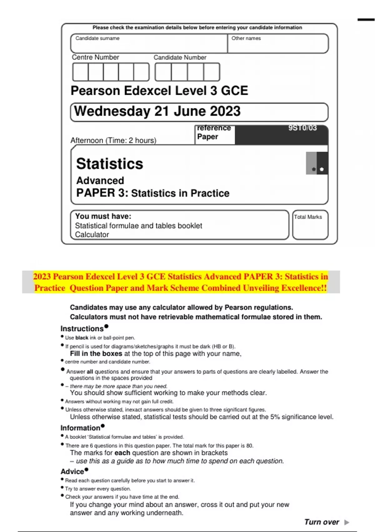 2023 Pearson Edexcel Level 3 GCE Statistics Advanced PAPER 3 ...