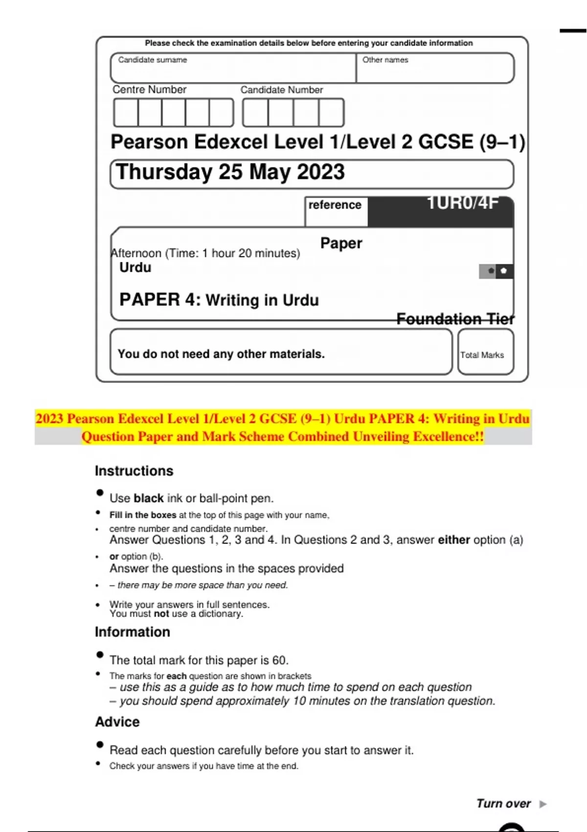 2023 Pearson Edexcel Level 1/Level 2 GCSE (9–1) Urdu PAPER 4: Writing ...