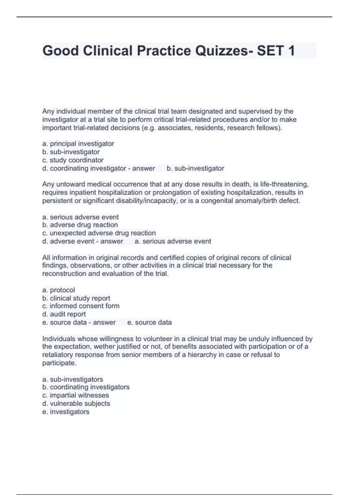 Good Clinical Practice Quizzes- SET 1 Questions and Answers 100% ...