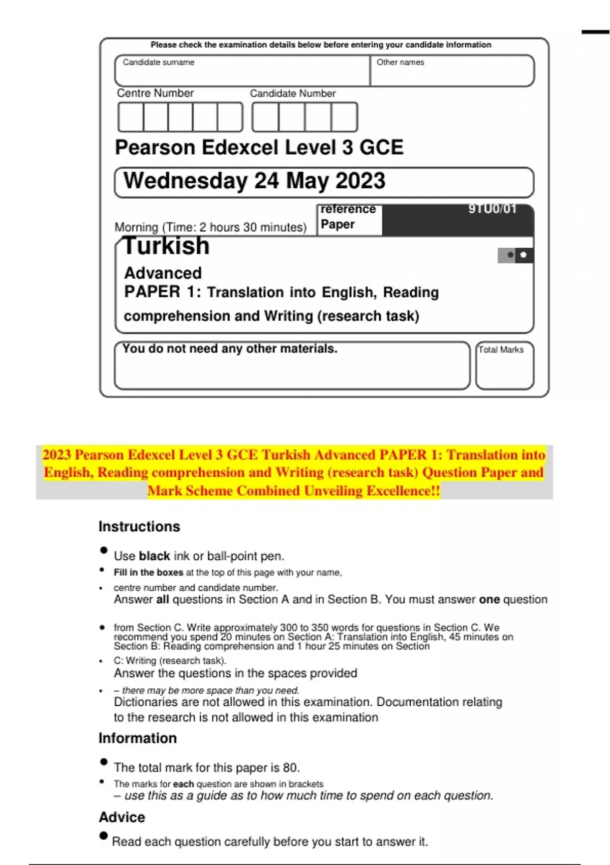 2023 Pearson Edexcel Level 3 GCE Turkish Advanced PAPER 1: Translation ...