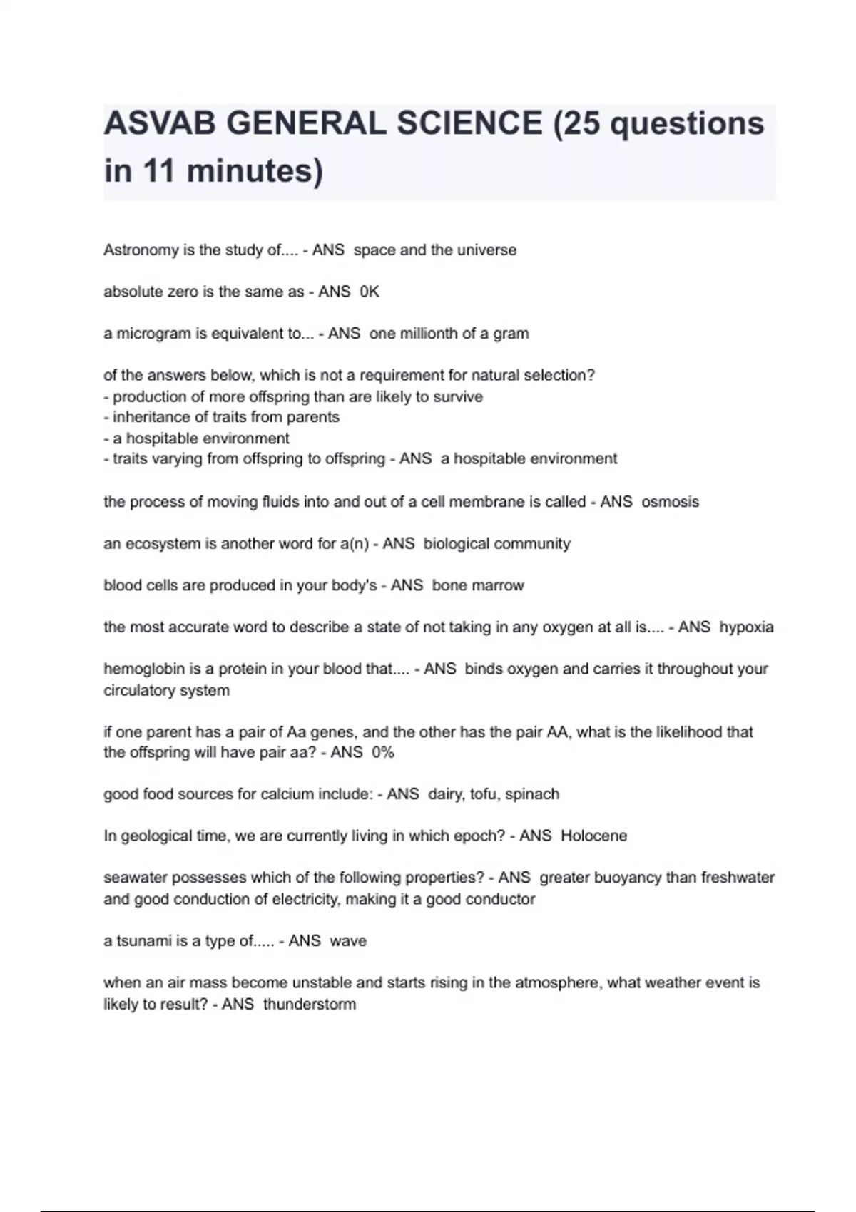 ASVAB GENERAL SCIENCE (25 questions in 11 minutes) Exam 2024/2025 ...