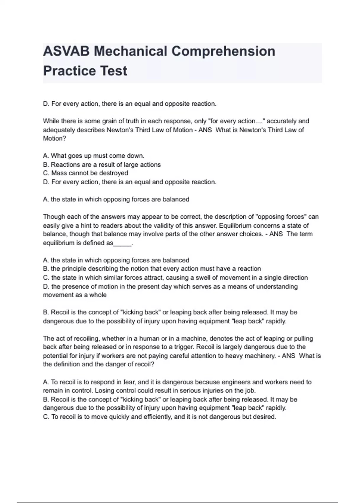 ASVAB Mechanical Comprehension Practice Test Exam 2024/2025 Questions ...