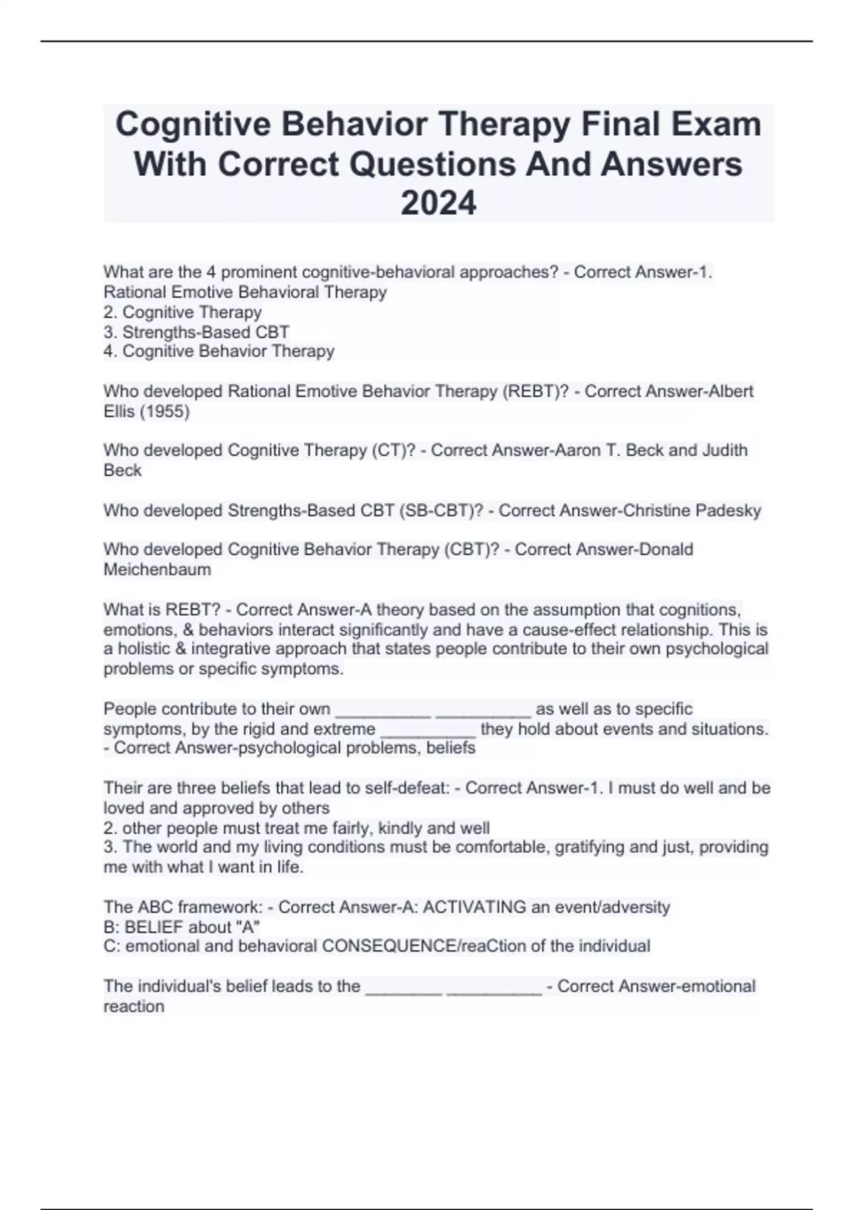 Cognitive Behavior Therapy Final Exam With Correct Questions And ...