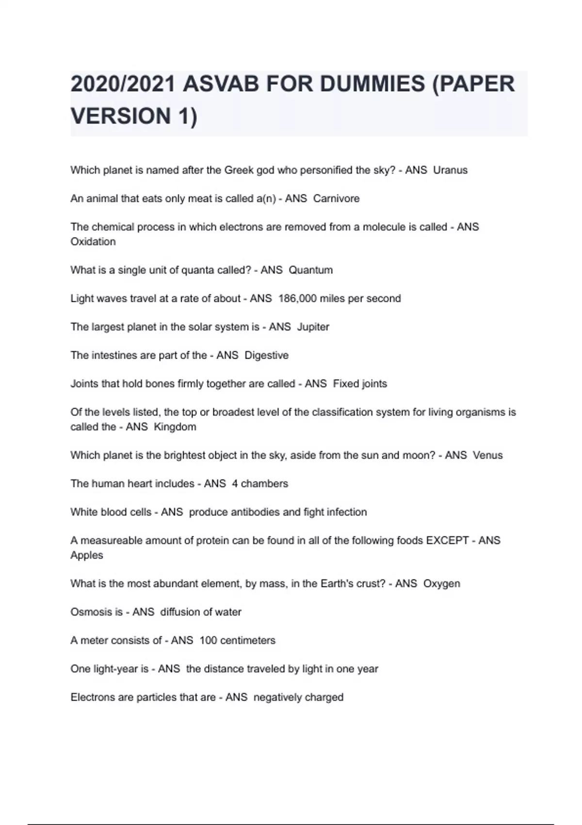 2024/2025 ASVAB FOR DUMMIES (PAPER VERSION 1) Exam 2024/2025 Questions ...