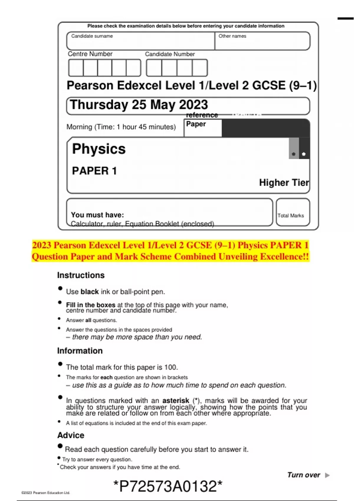 2023 Pearson Edexcel Level 1/Level 2 GCSE (9–1) Physics PAPER 1 ...