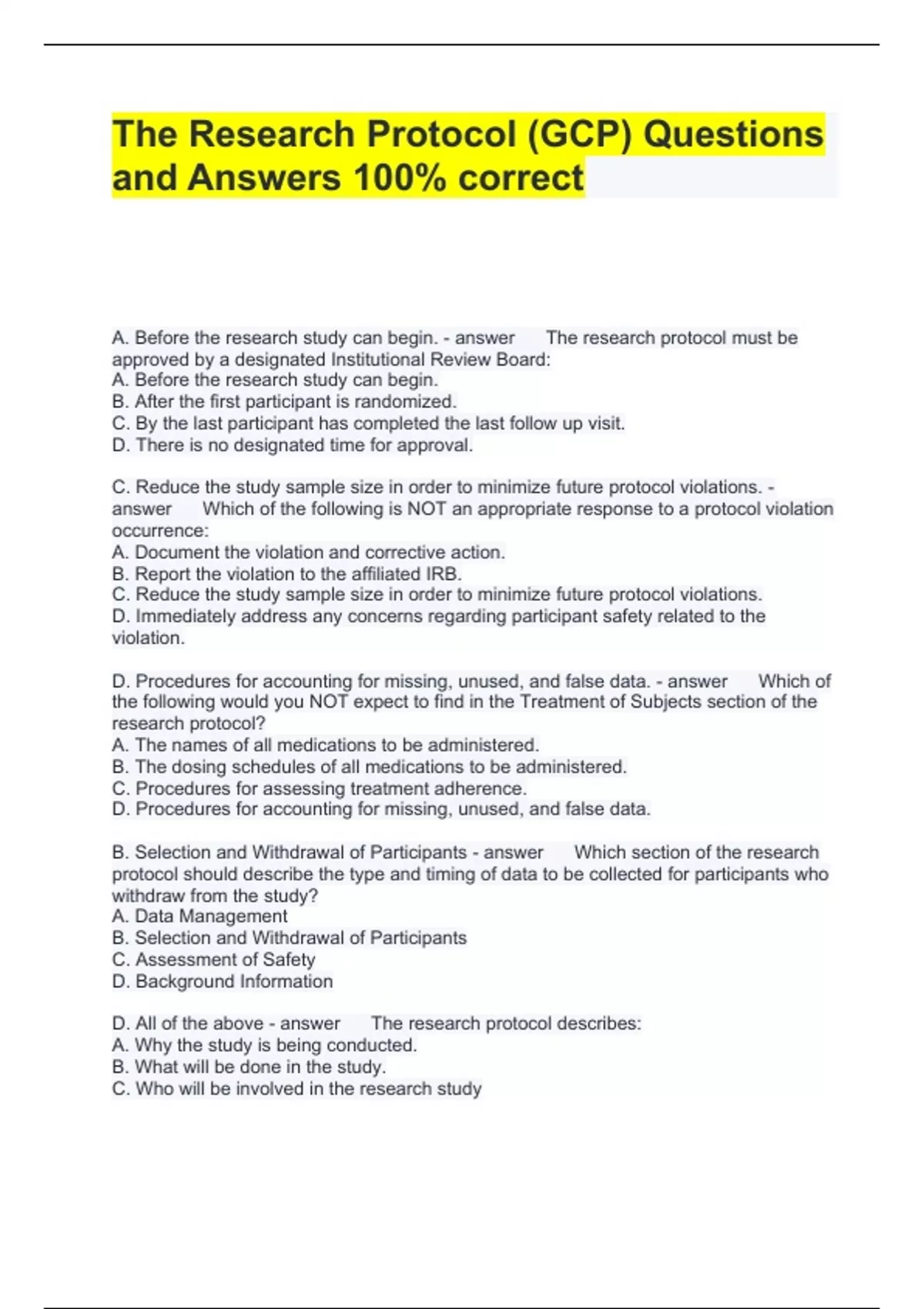 The Research Protocol (GCP) Questions and Answers 100% correct - GCP ...