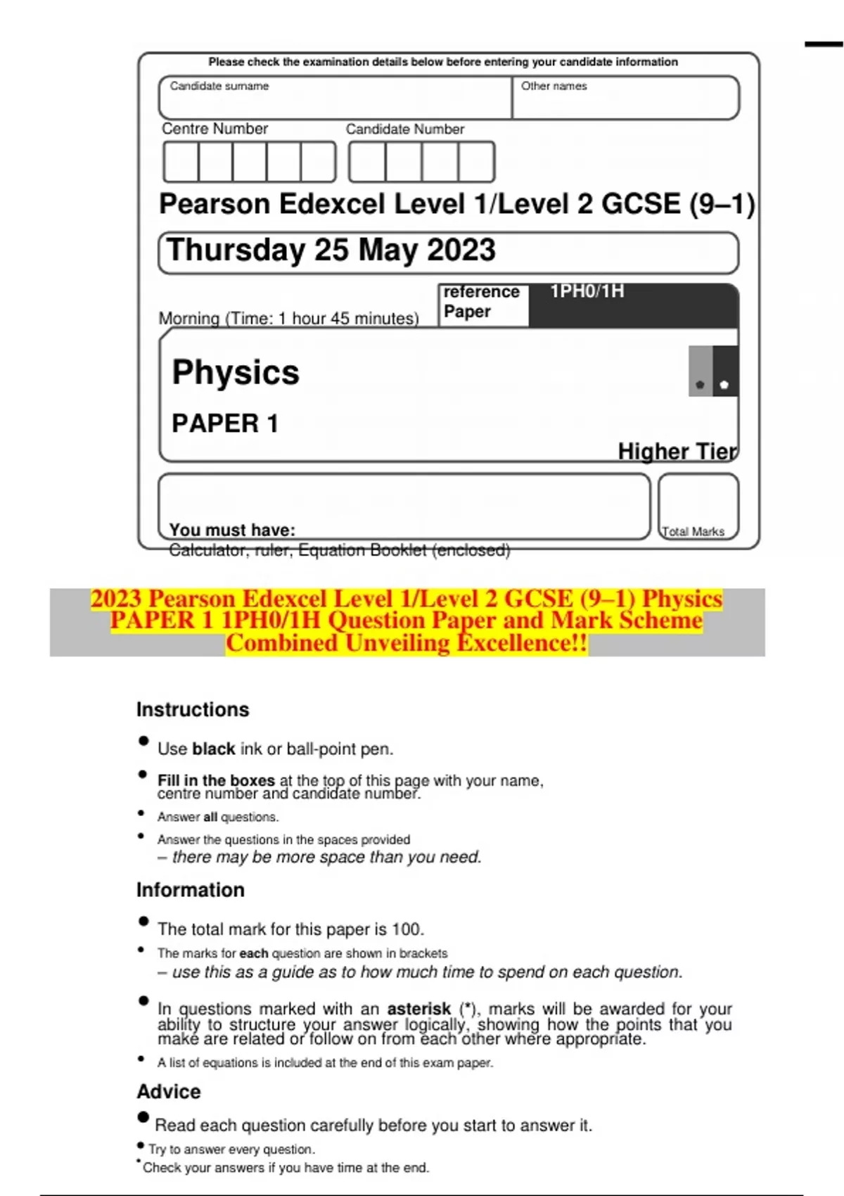 2023 Pearson Edexcel Level 1/Level 2 GCSE (9–1) Physics PAPER 1 1PH0/1H ...