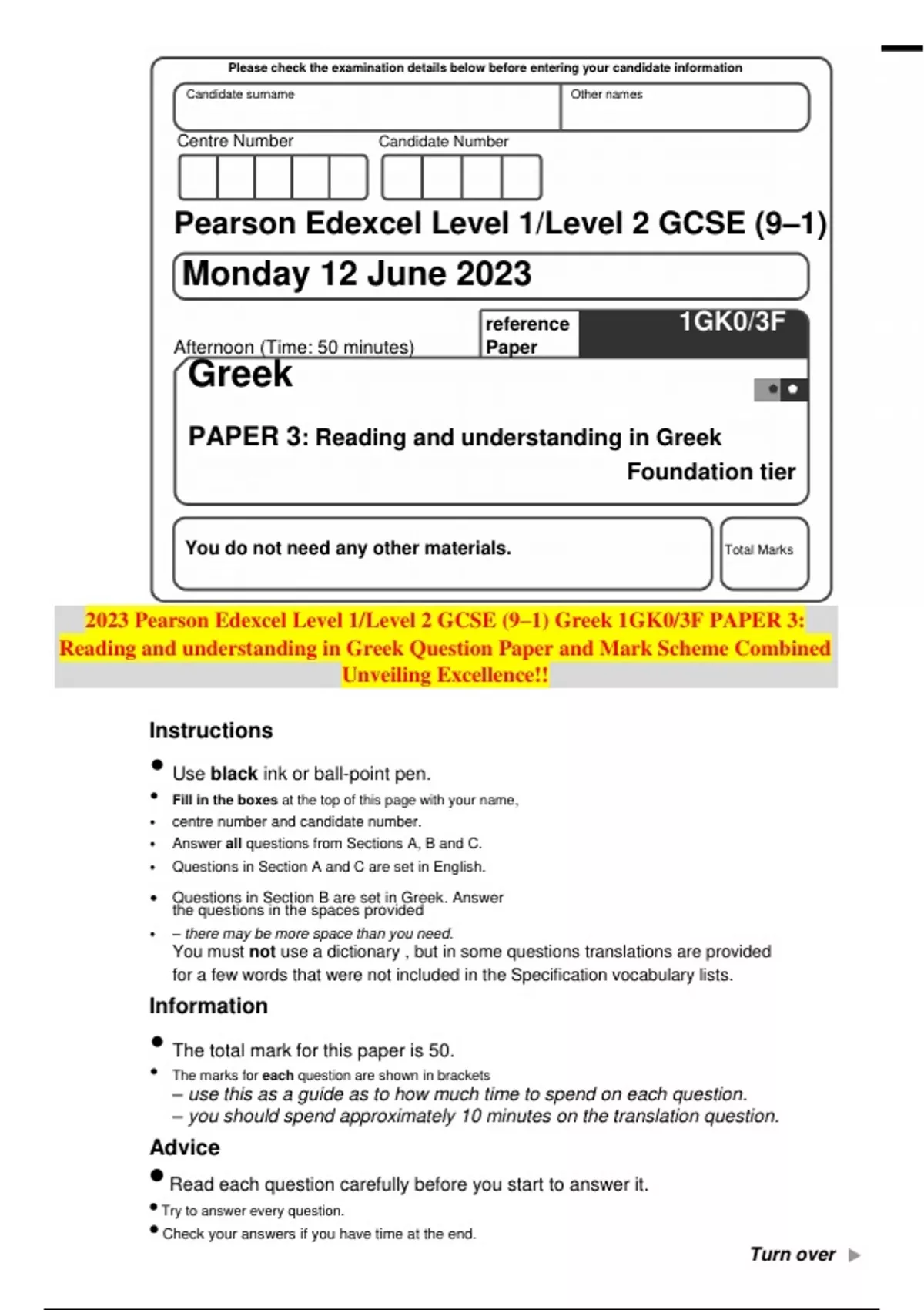 2023 Pearson Edexcel Level 1/Level 2 GCSE (9–1) Greek 1GK0/3F PAPER 3 ...