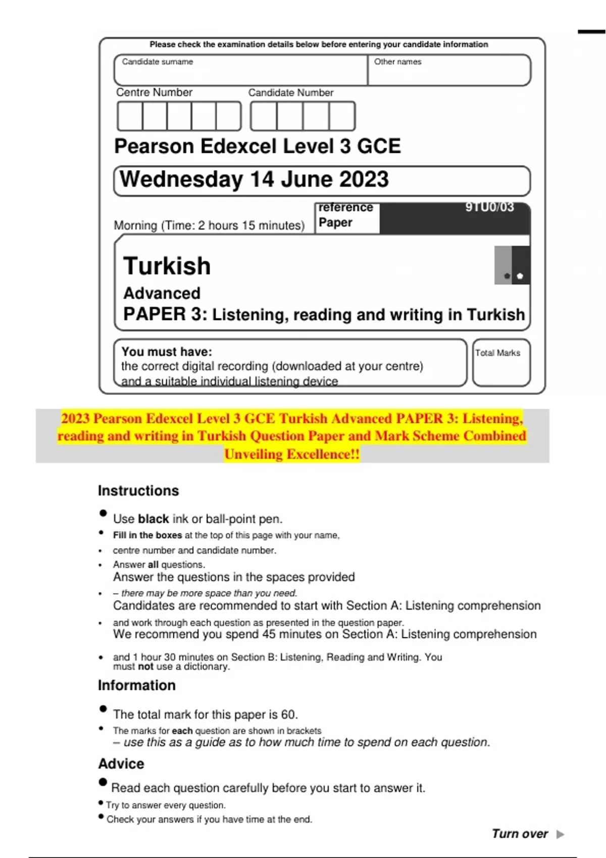 2023 Pearson Edexcel Level 3 GCE Turkish Advanced PAPER 3: Listening, reading and writing in ...