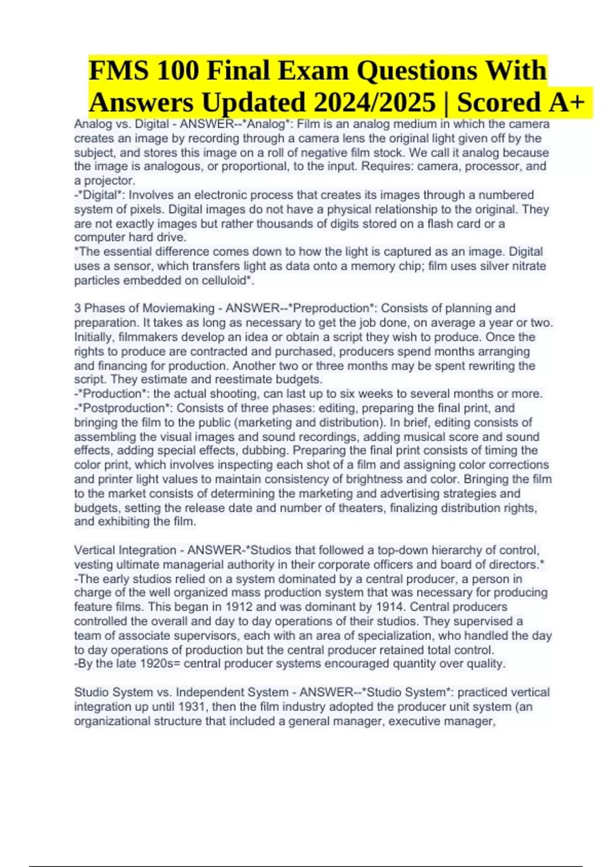 FMS 100 Final Exam Questions With Answers Updated 2024/2025 | Scored A+ ...