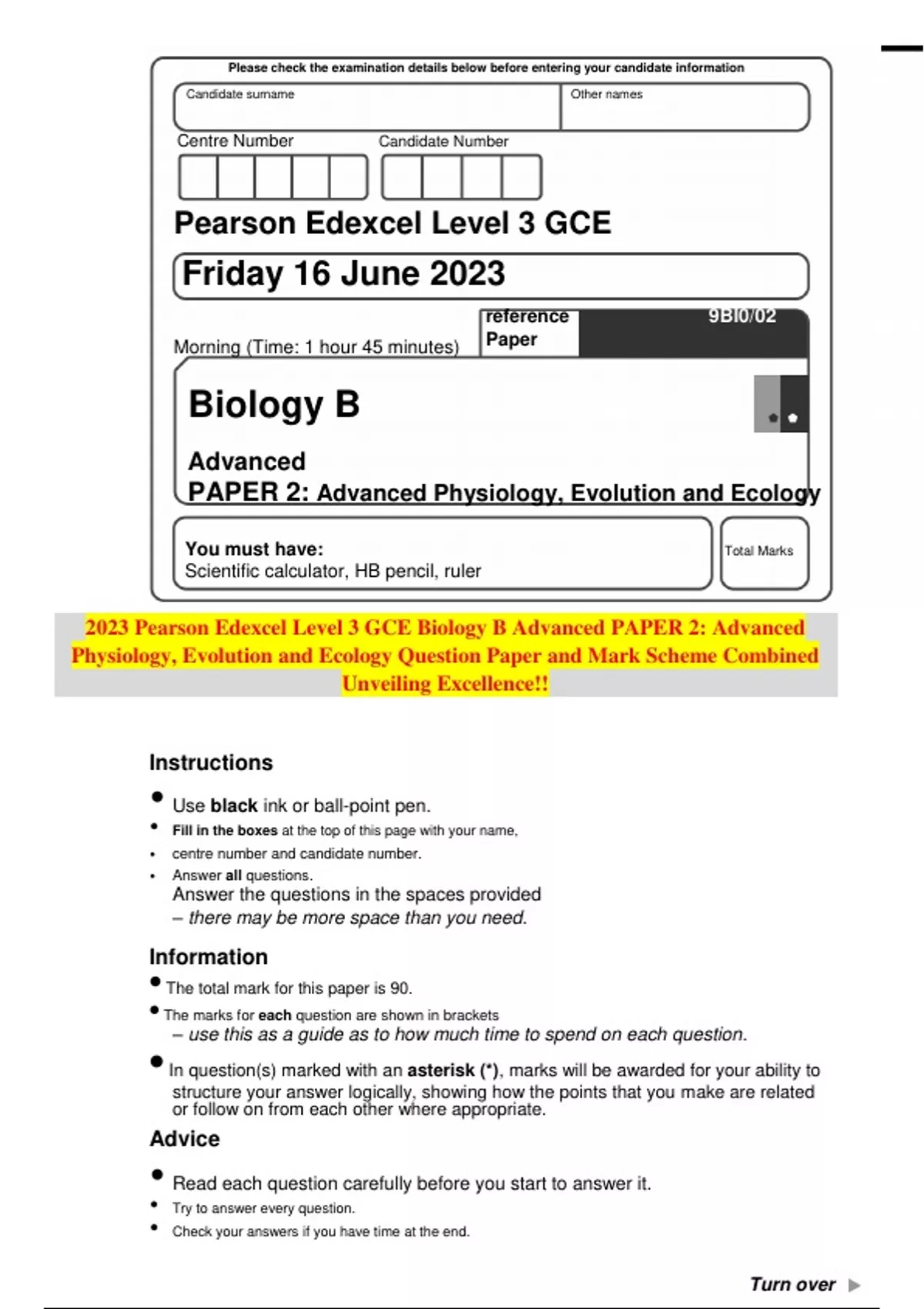 2023 Pearson Edexcel Level 3 GCE Biology B Advanced PAPER 2: Advanced ...