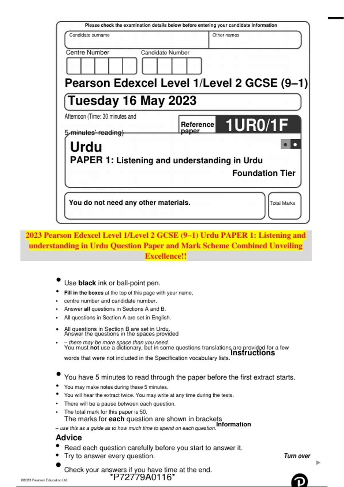 2023 Pearson Edexcel Level 1/Level 2 GCSE (9–1) Urdu PAPER 1: Listening ...