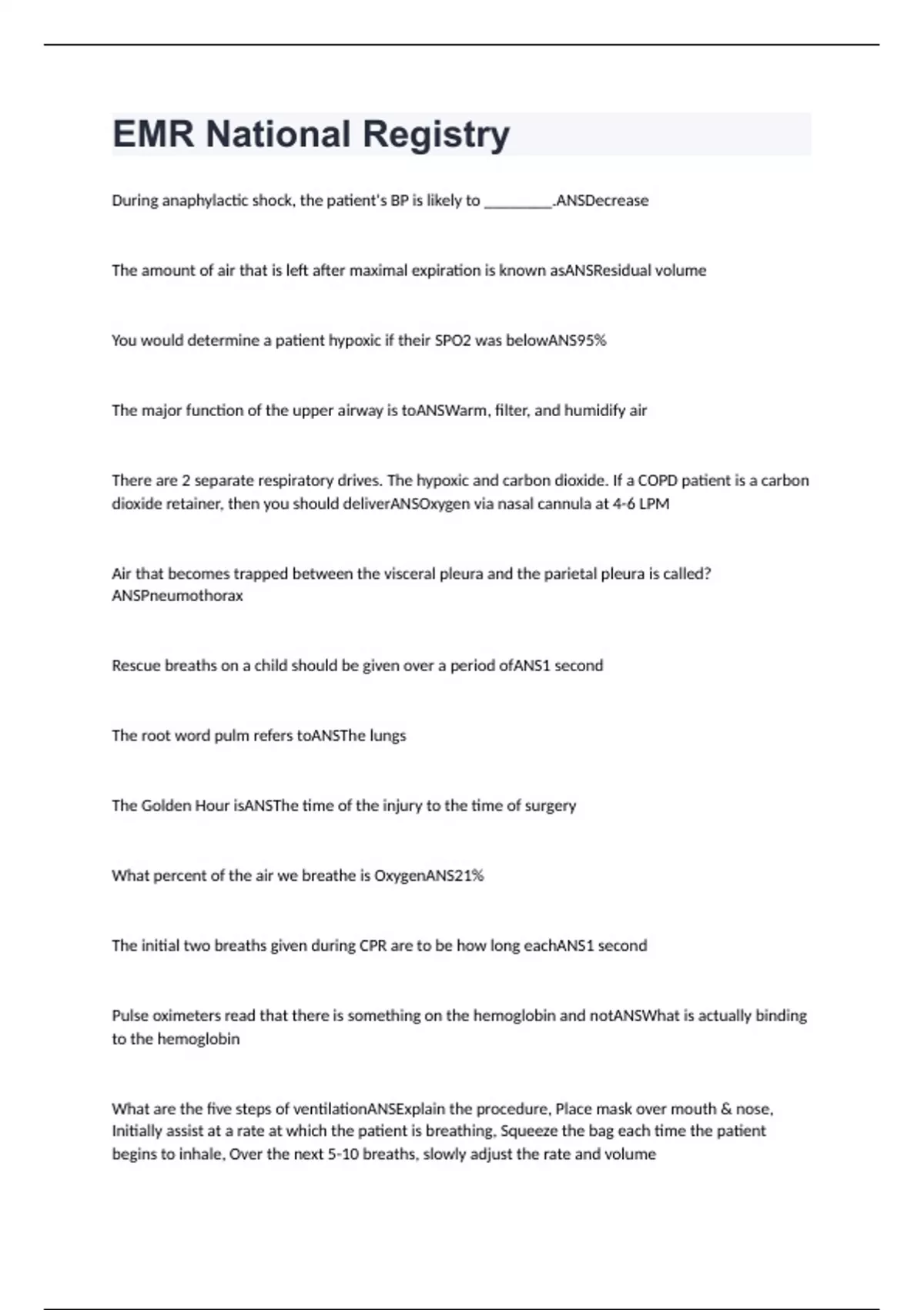 EMR National Registry Exam Study Questions And Correctly Solved ...