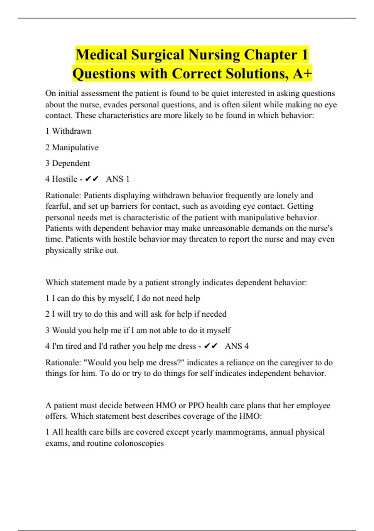 Medical Surgical Nursing Chapter 1 Questions with Correct Solutions, A+ ...