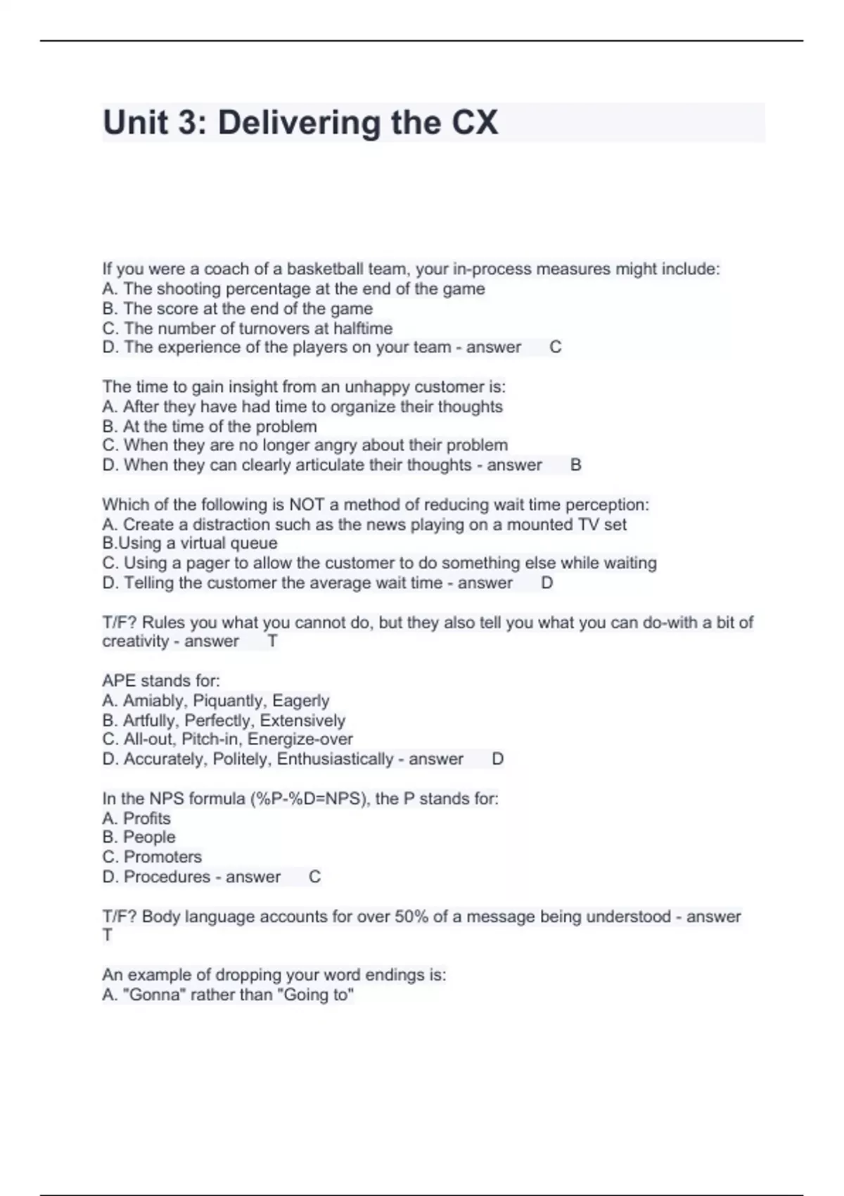 Unit 3. Delivering the CX Questions and Answers 2024 - 3cx - Stuvia US