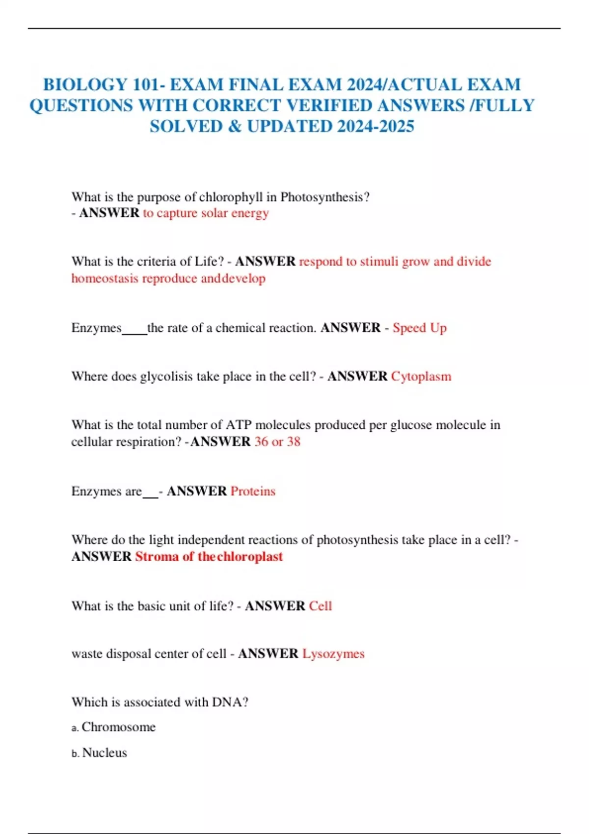 BIOLOGY 101- EXAM FINAL EXAM 2024/ACTUAL EXAM QUESTIONS WITH CORRECT VERIFIED ANSWERS /FULLY ...