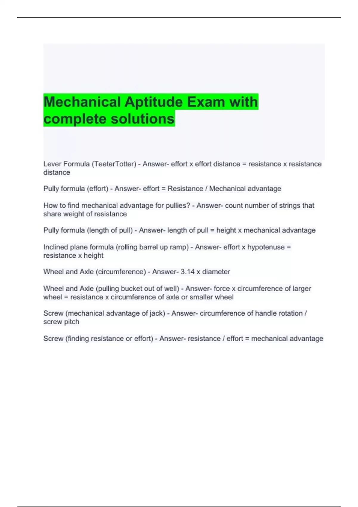 Mechanical Aptitude Exam with complete solutions 2024 - Mechanical ...