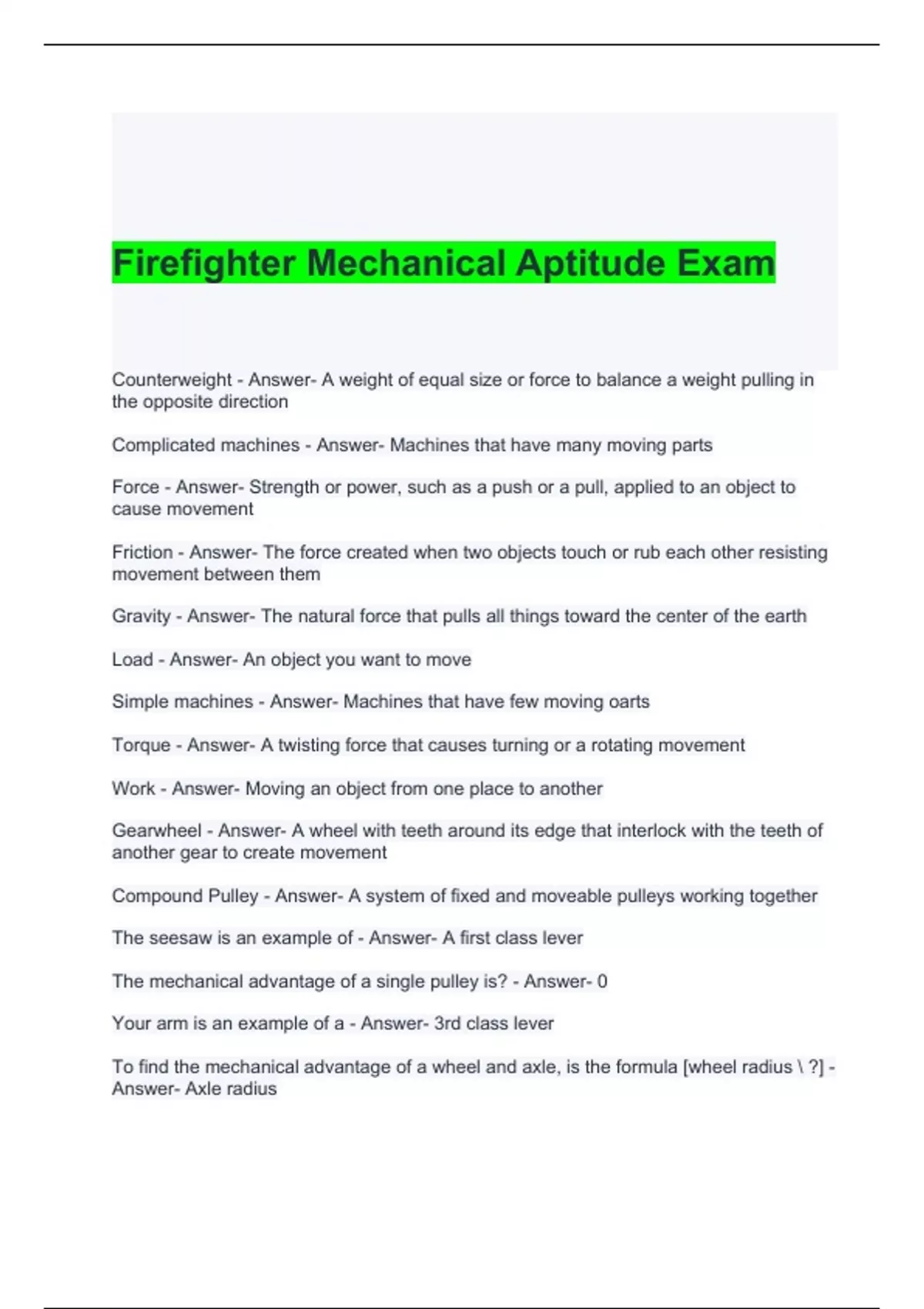 Firefighter Mechanical Aptitude Exam with correct Answers - Mechanical ...