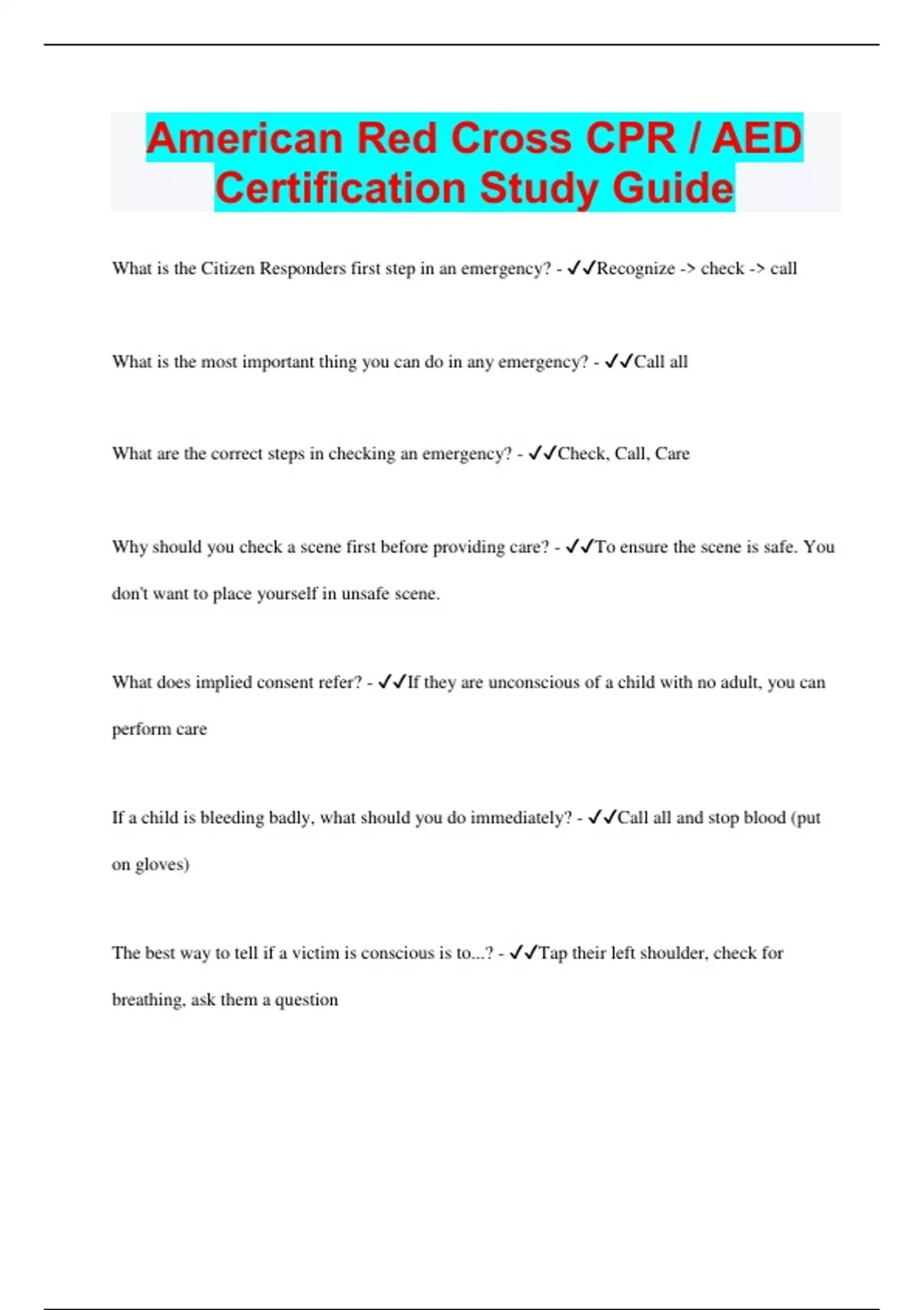 American Red Cross CPR / AED Certification Study Guide - American Red ...