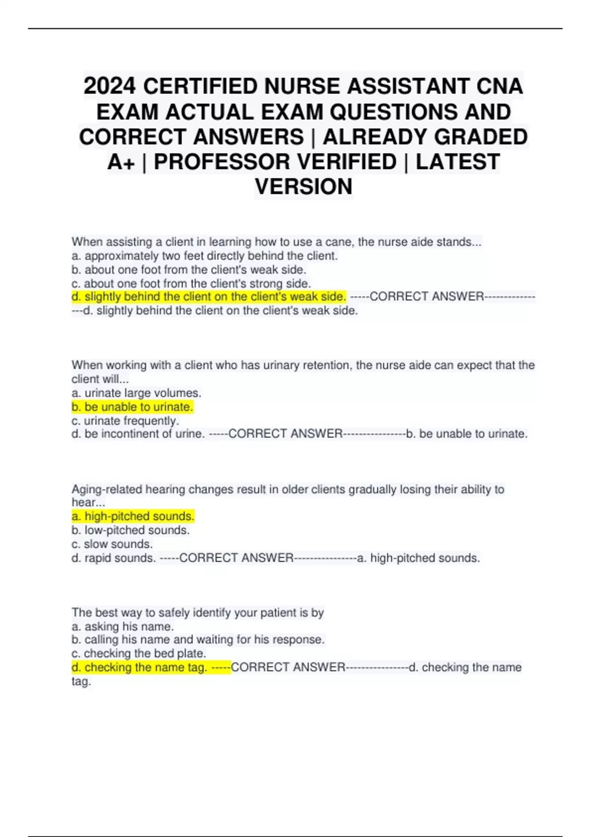 2024 CERTIFIED NURSE ASSISTANT CNA EXAM ACTUAL EXAM QUESTIONS AND CORRECT ANSWERS | ALREADY ...