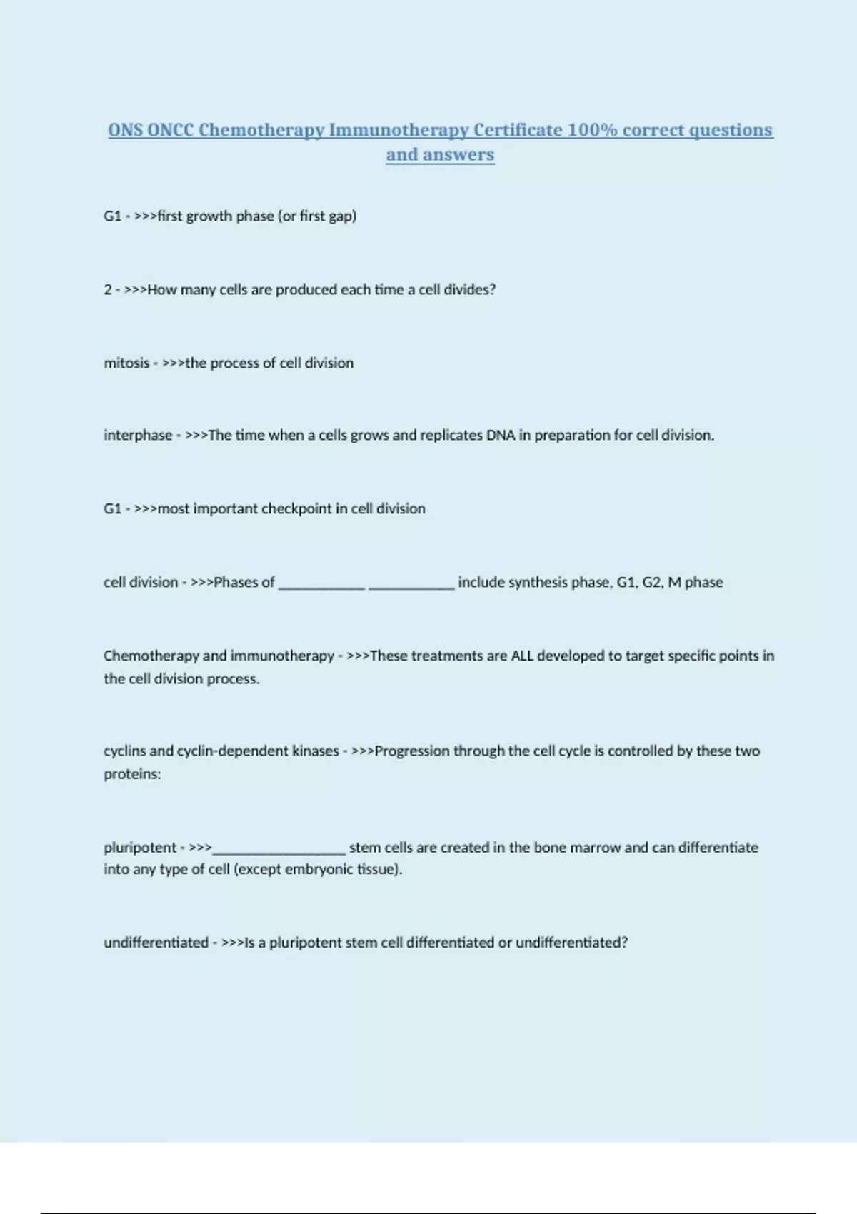 ONS ONCC Chemotherapy Immunotherapy Certificate 100% correct questions ...