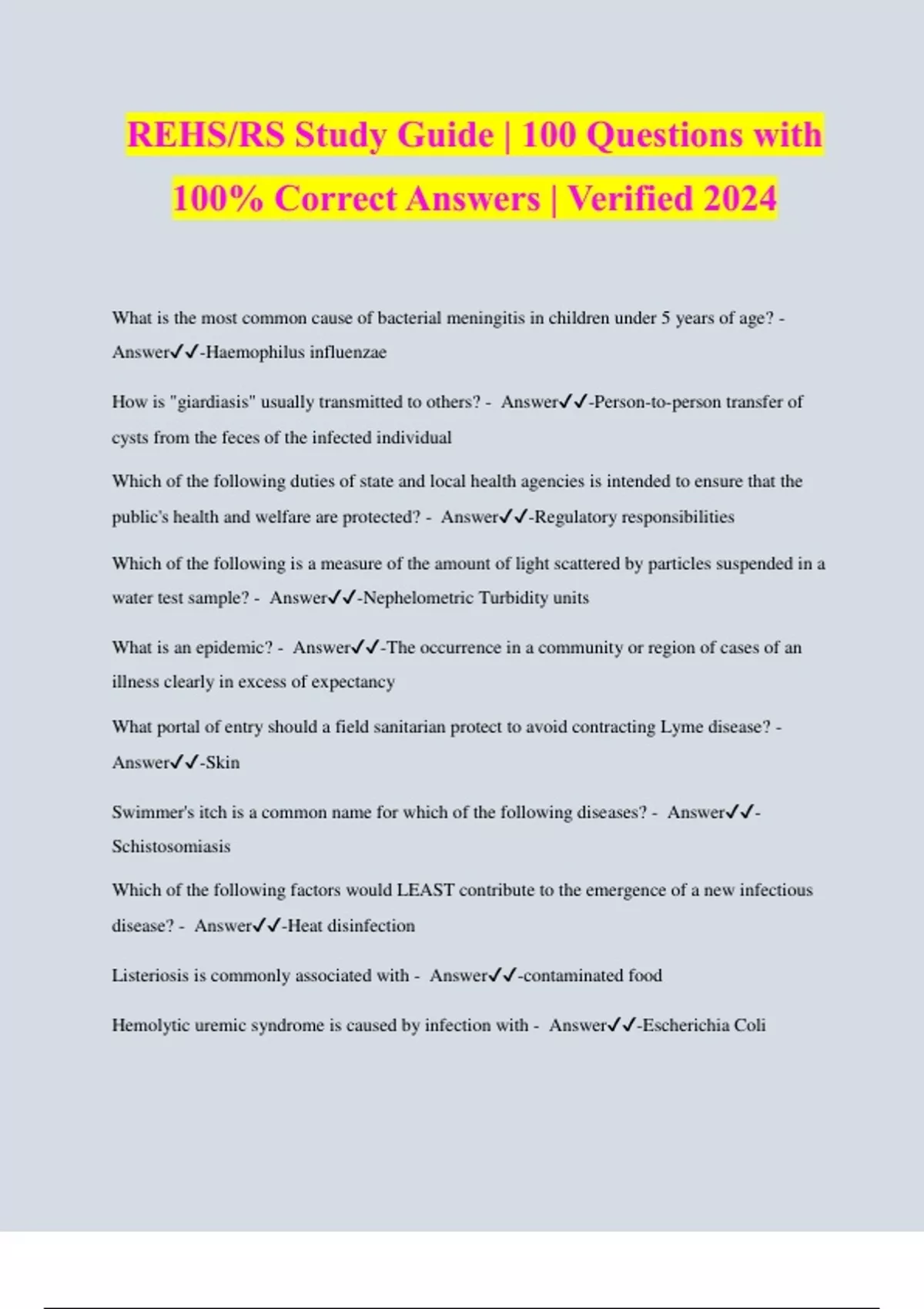 REHS/RS Study Guide | 100 Questions with 100% Correct Answers ...