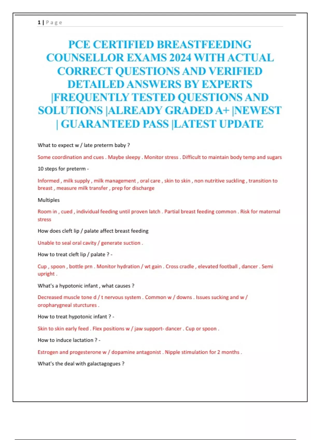 PCE CERTIFIED BREASTFEEDING COUNSELLOR EXAMS 2024 WITH ACTUAL CORRECT ...