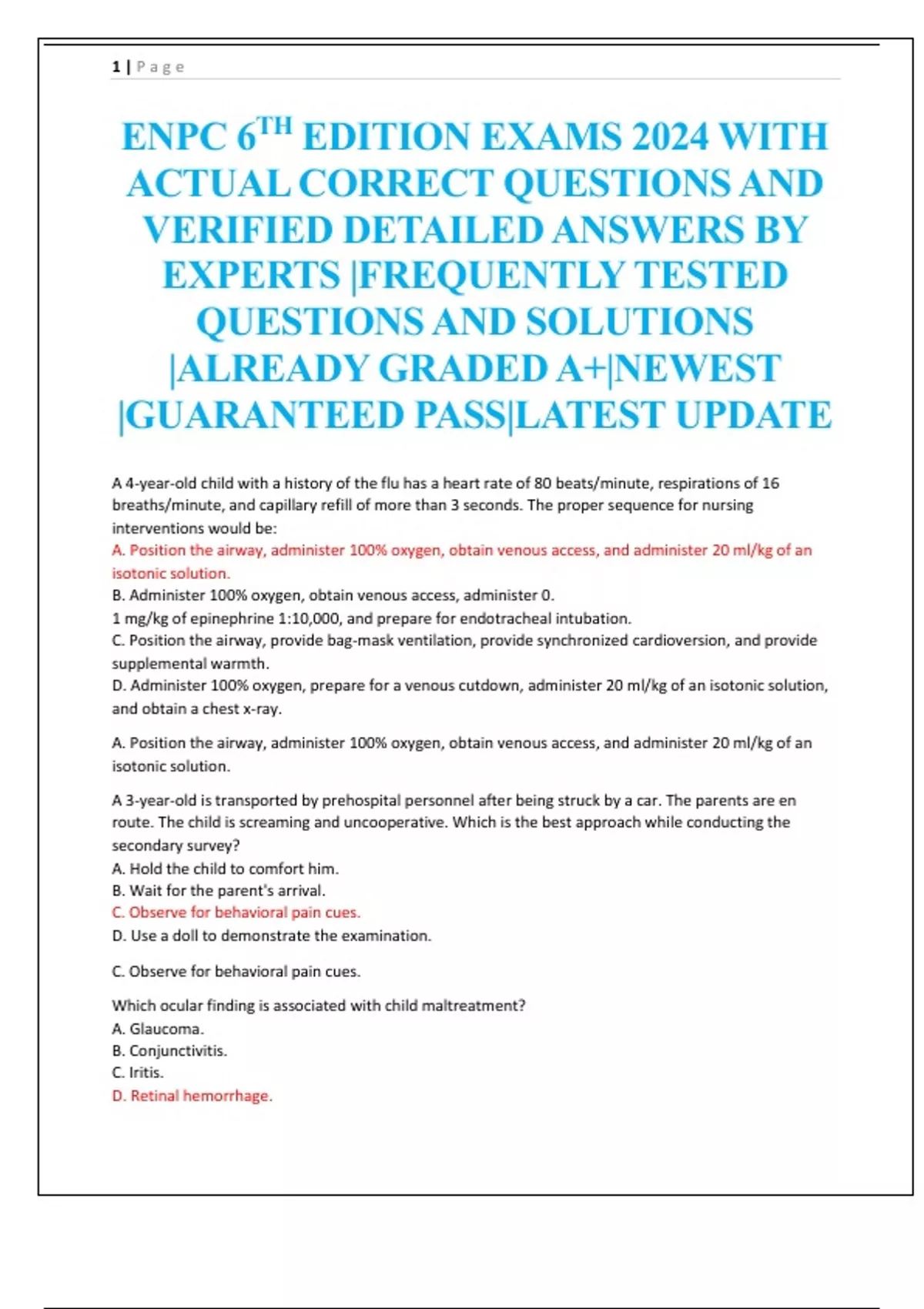 ENPC 6TH EDITION EXAMS 2024 WITH ACTUAL CORRECT QUESTIONS AND VERIFIED ...