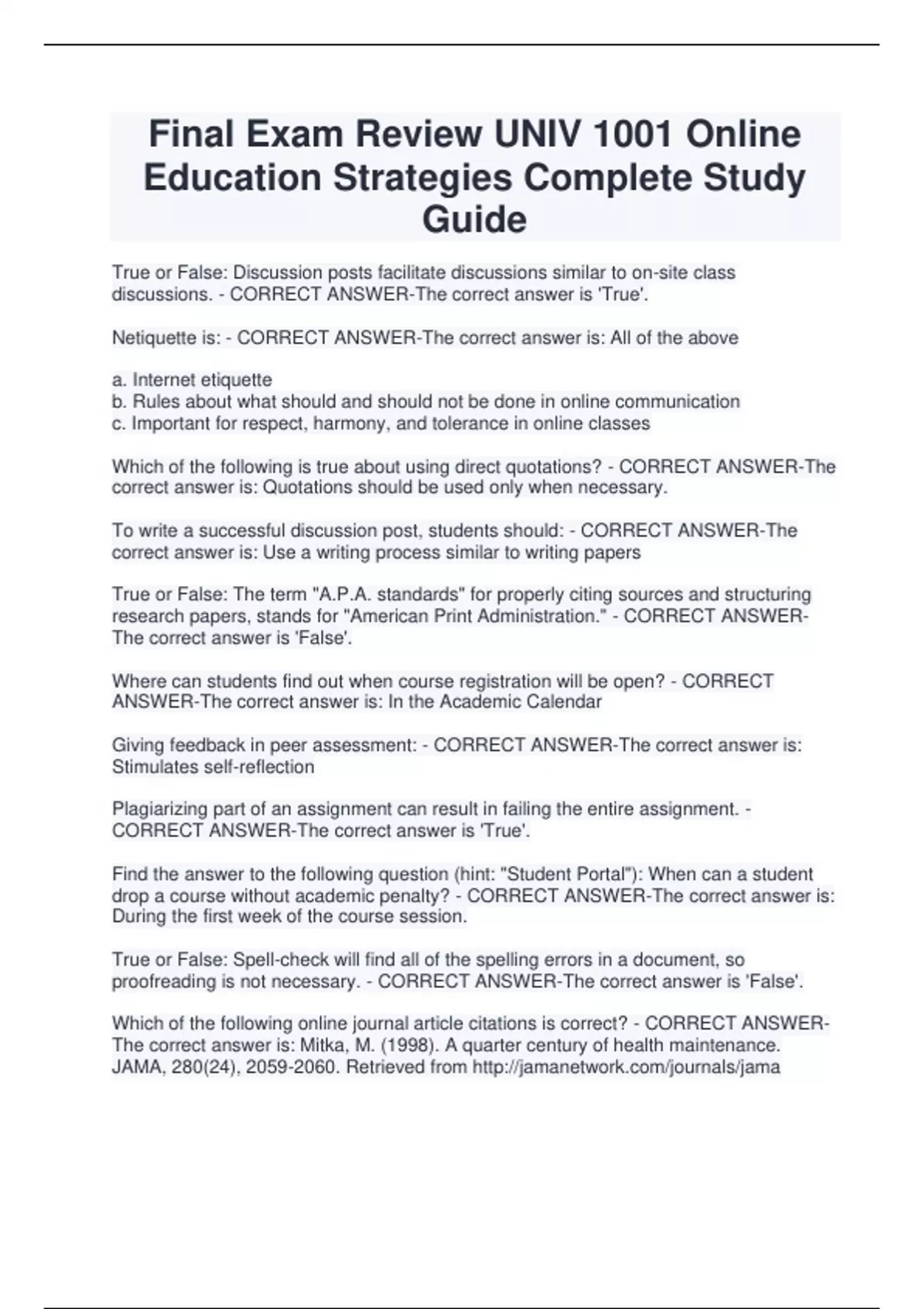 Final Exam Review UNIV 1001 Online Education Strategies Complete Study ...