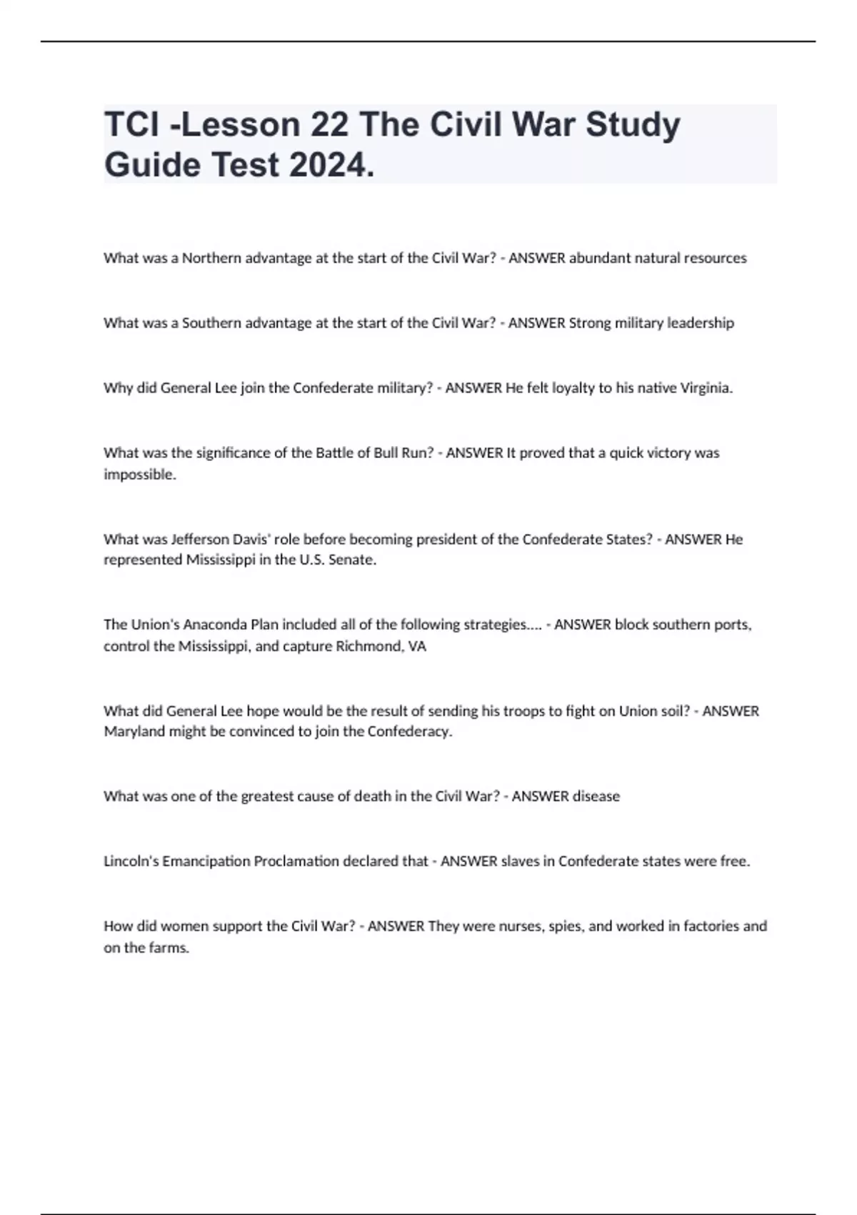 TCI -Lesson 22 The Civil War Written Exam 2024. - Tci - Stuvia US