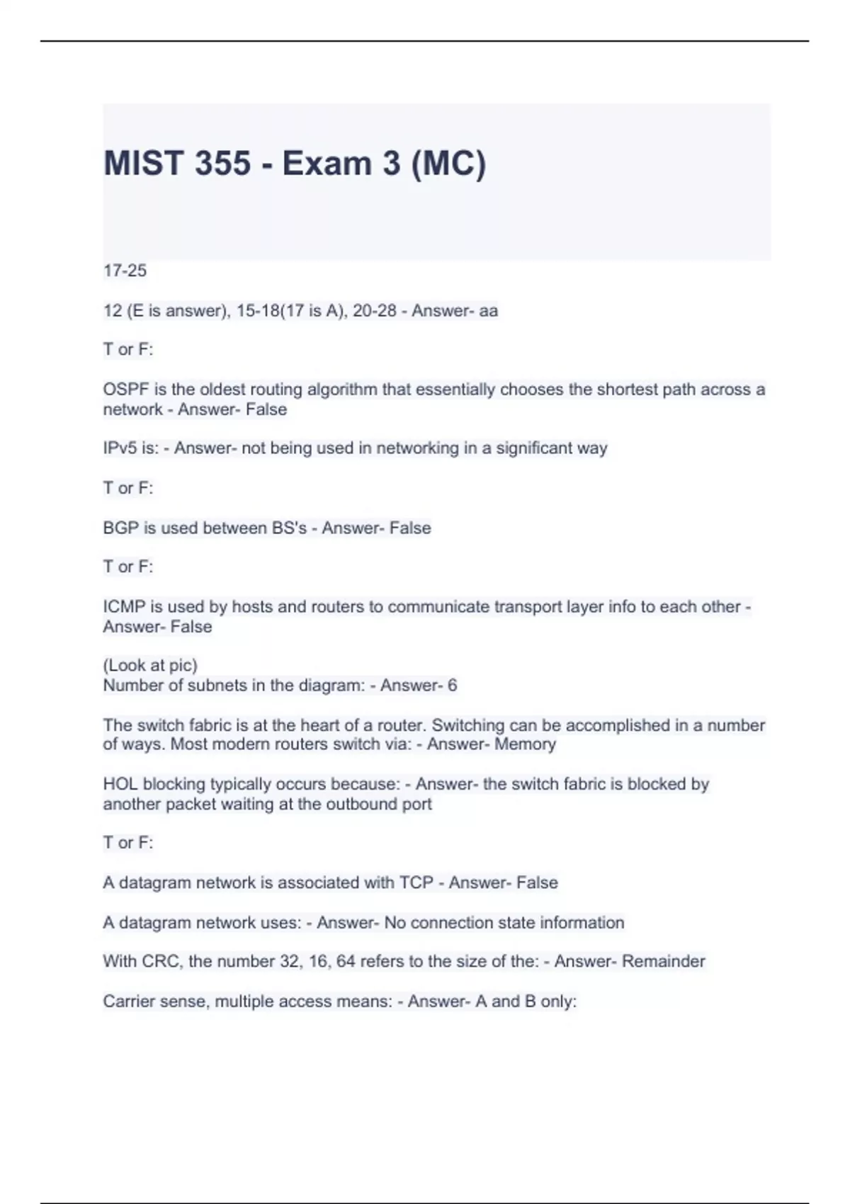 MIST 355 - Exam 3 (MC) Questions and Answers 2024 - MIST - Stuvia US