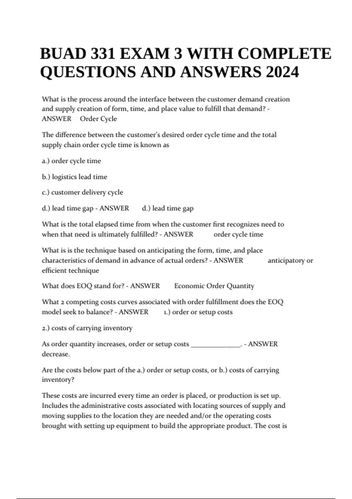 BUAD 331 EXAM 3 WITH COMPLETE QUESTIONS AND ANSWERS 2024. - BUAD 331 ...