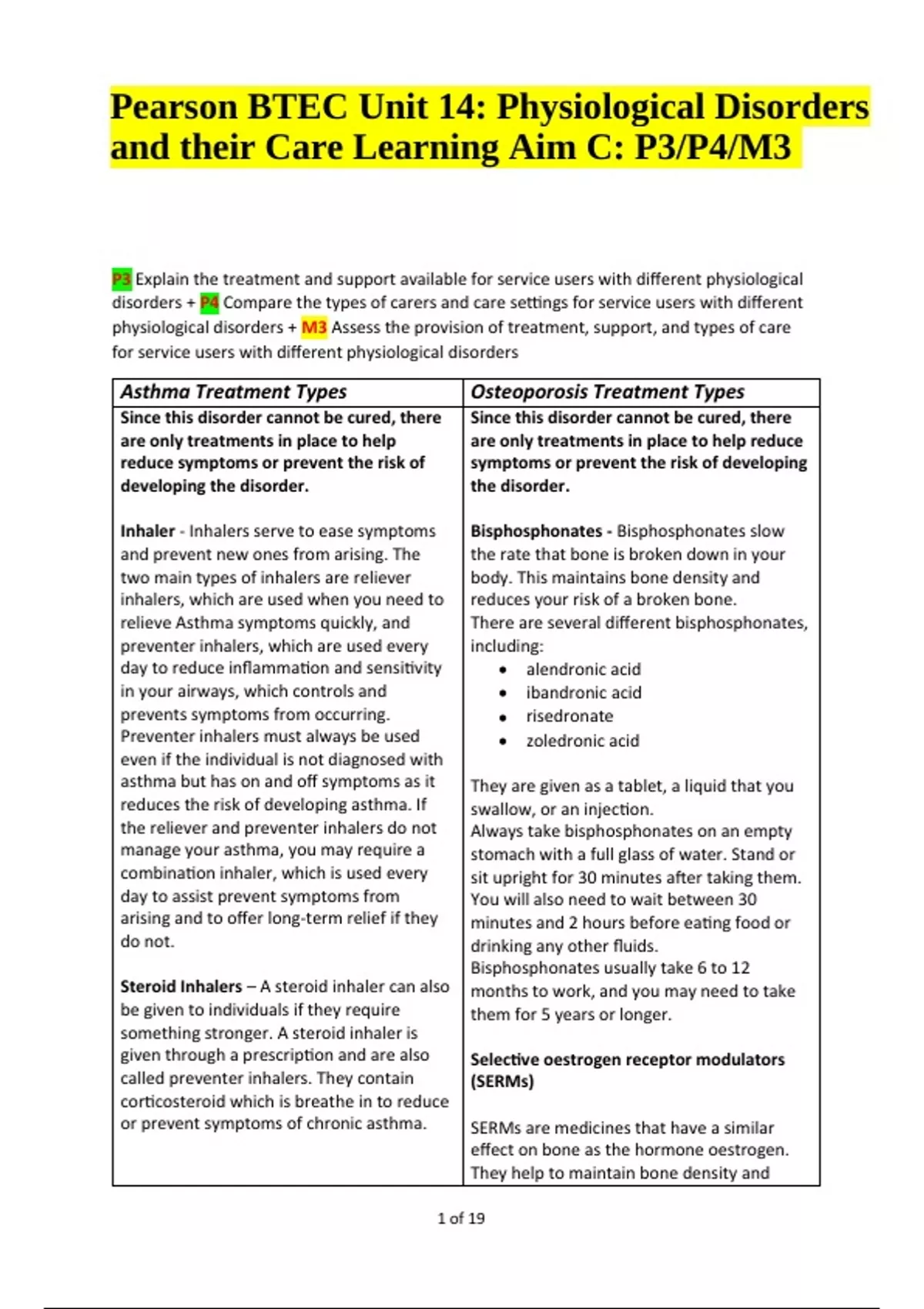 Pearson BTEC Unit 14: Physiological Disorders and their Care Learning ...