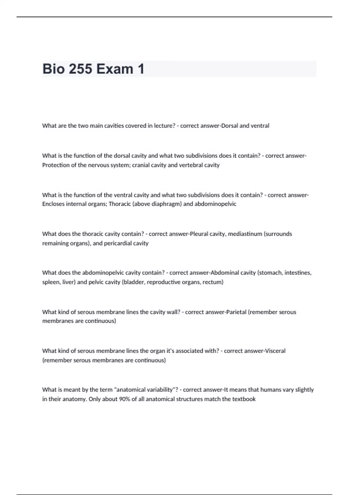 Bio 255 Exam 1 What are the two main cavities covered in lecture ...