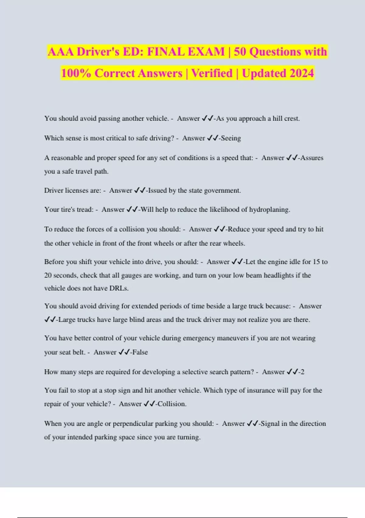 AAA Driver's ED: FINAL EXAM | 50 Questions with 100% Correct Answers ...