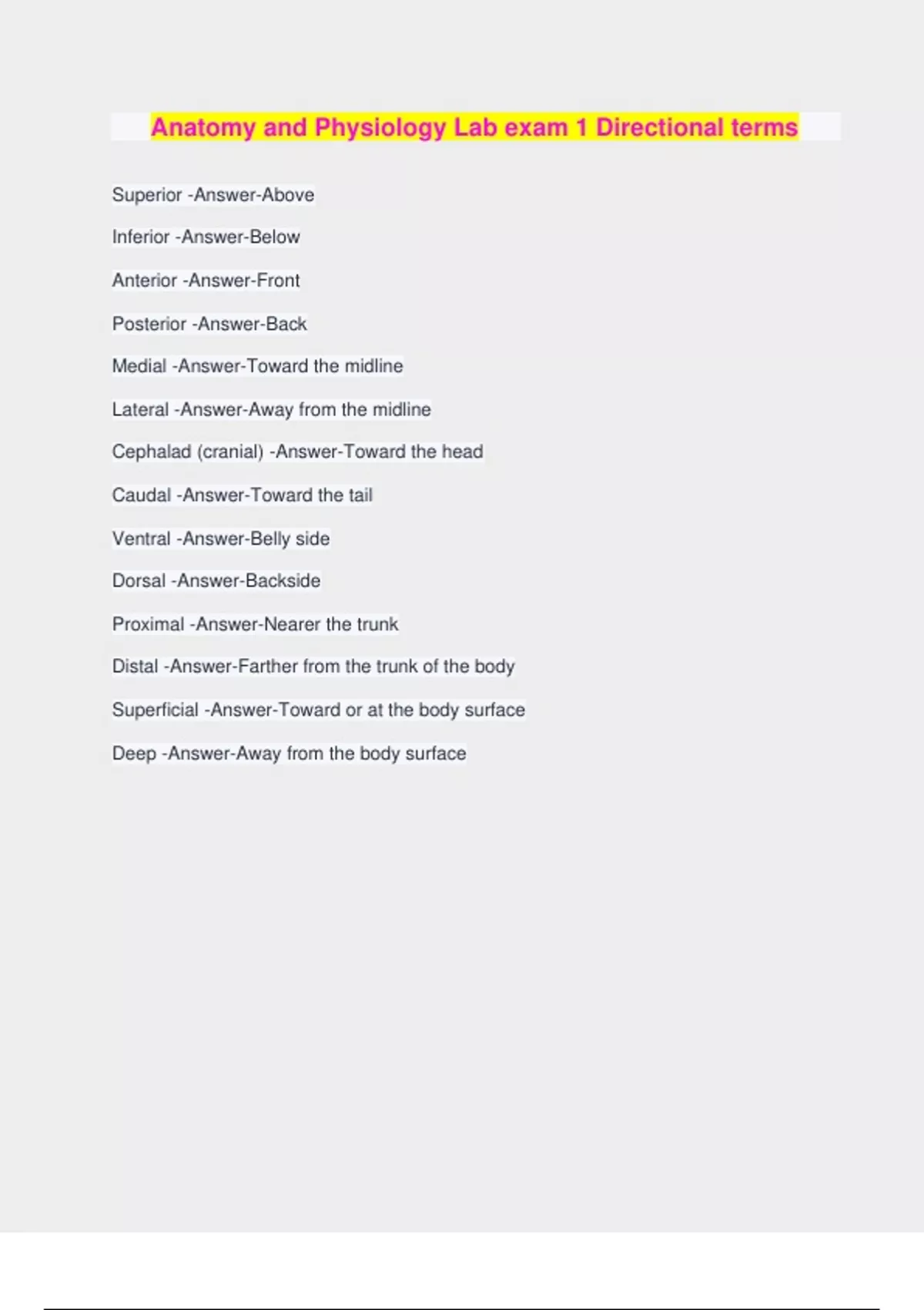Anatomy and Physiology Lab exam 1 Directional terms - Anatomy and ...
