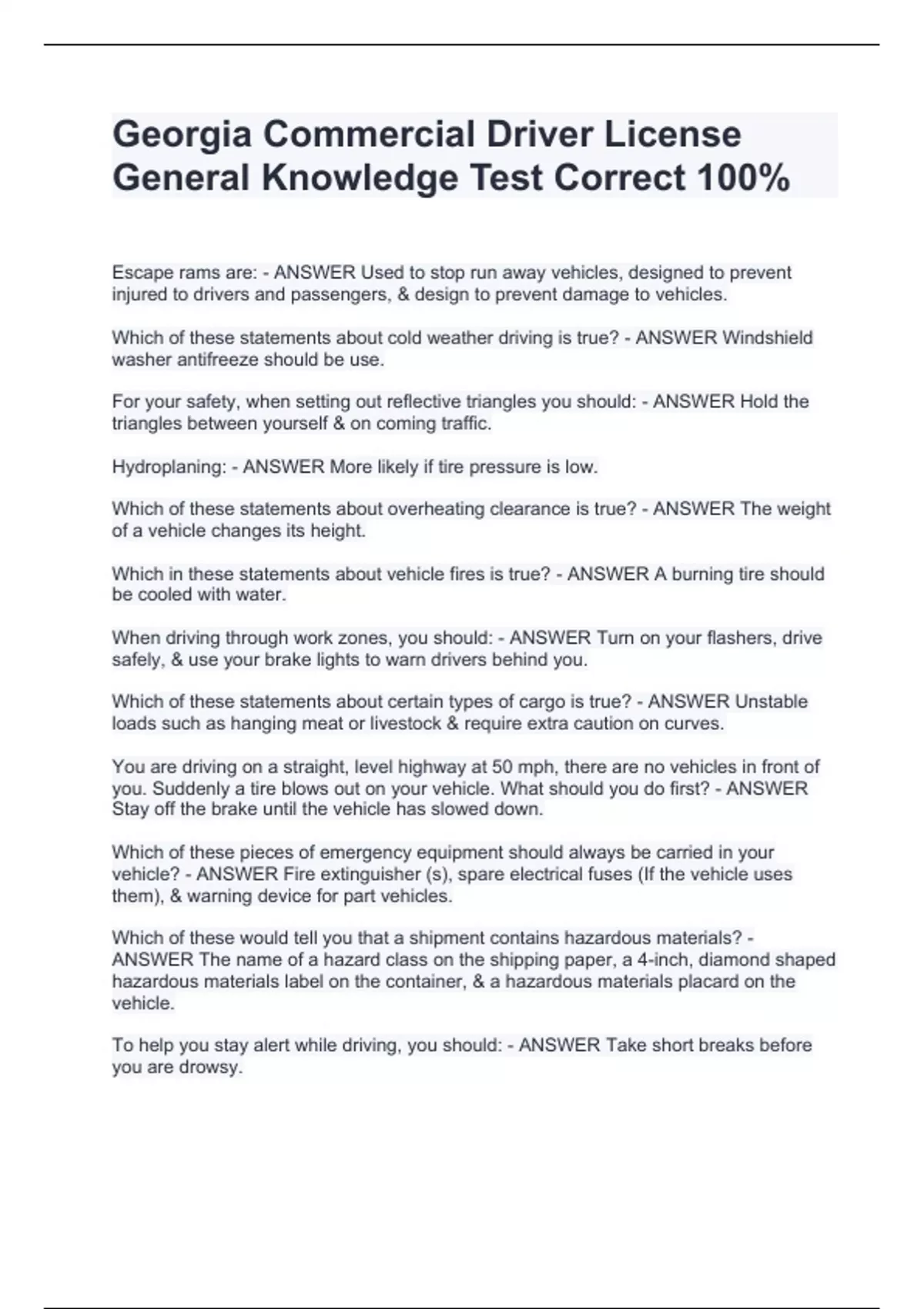 Georgia Commercial Driver License General Knowledge Test Correct 100% ...