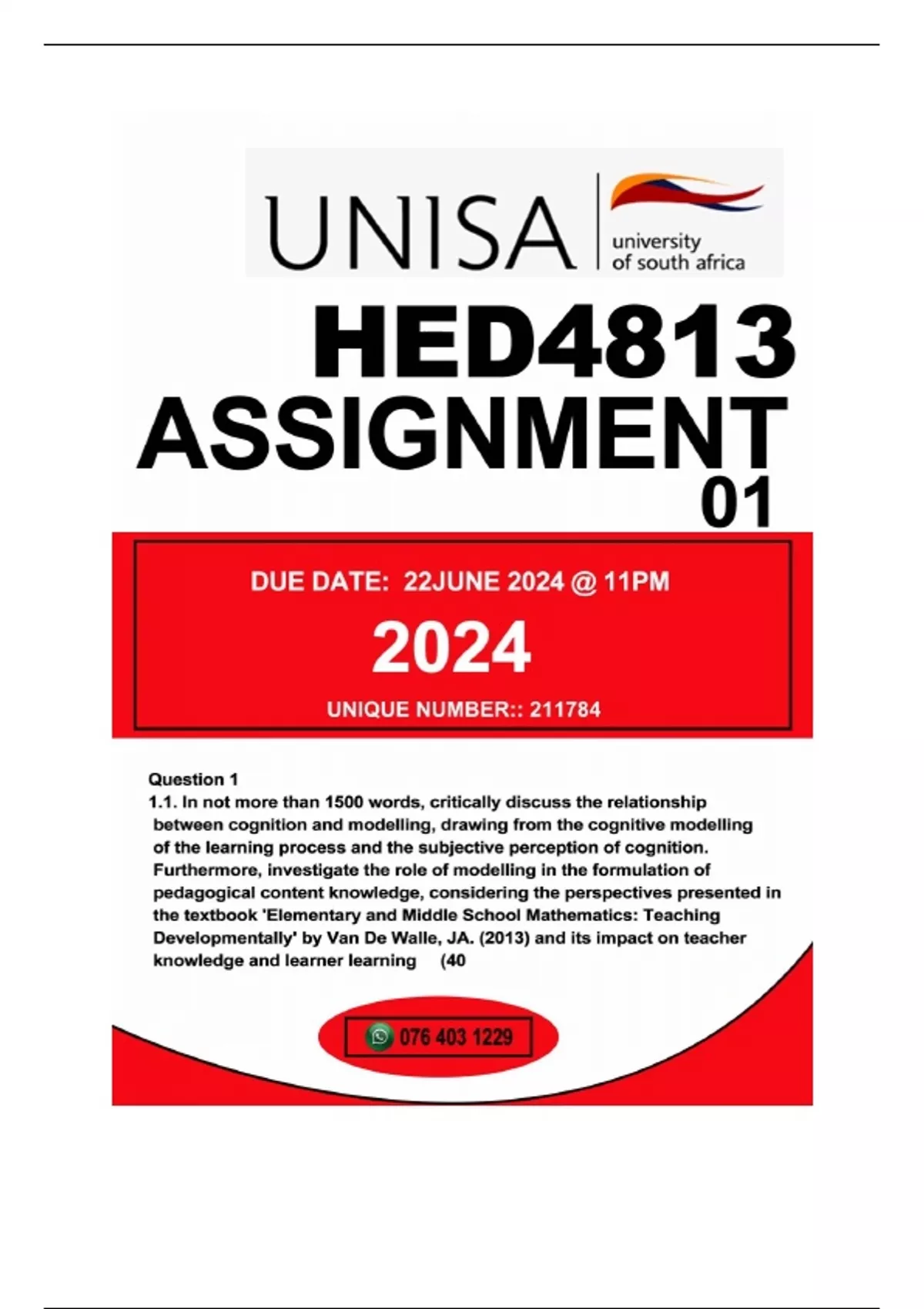 HED4813 ASSIGNMENT 01 DUE 2024..... - HED4813 (HED4813) - Stuvia SA