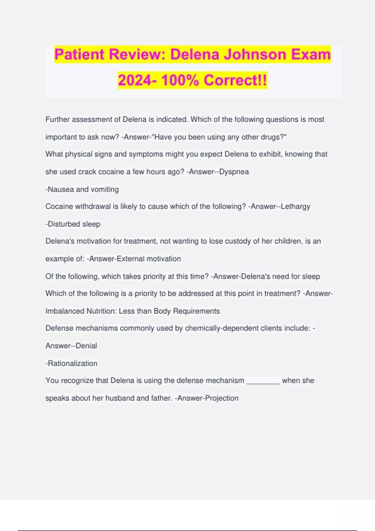 Patient Review: Delena Johnson Exam 2024- 100% Correct!! - Abnormal ...