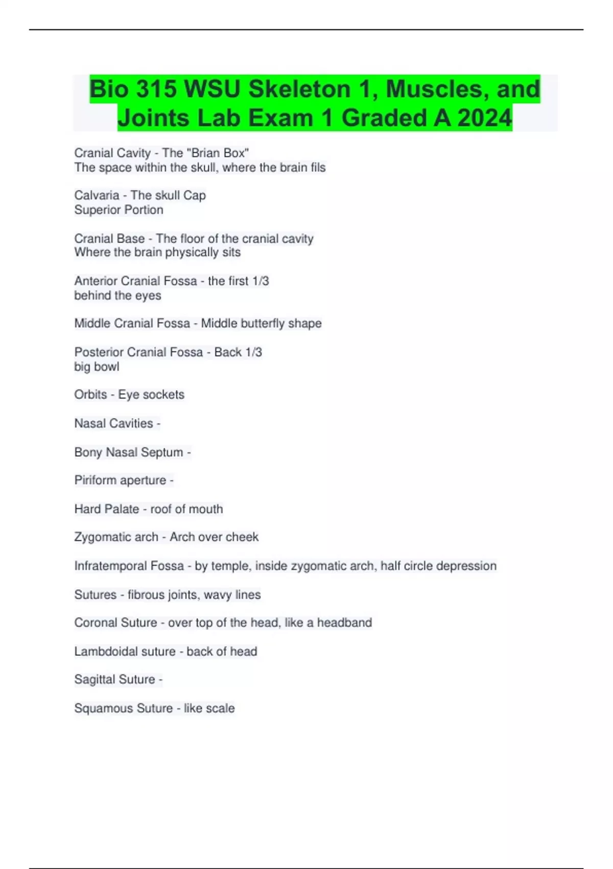 Bio 315 WSU Skeleton 1, Muscles, and Joints Lab Exam 1 Graded A 2024 ...