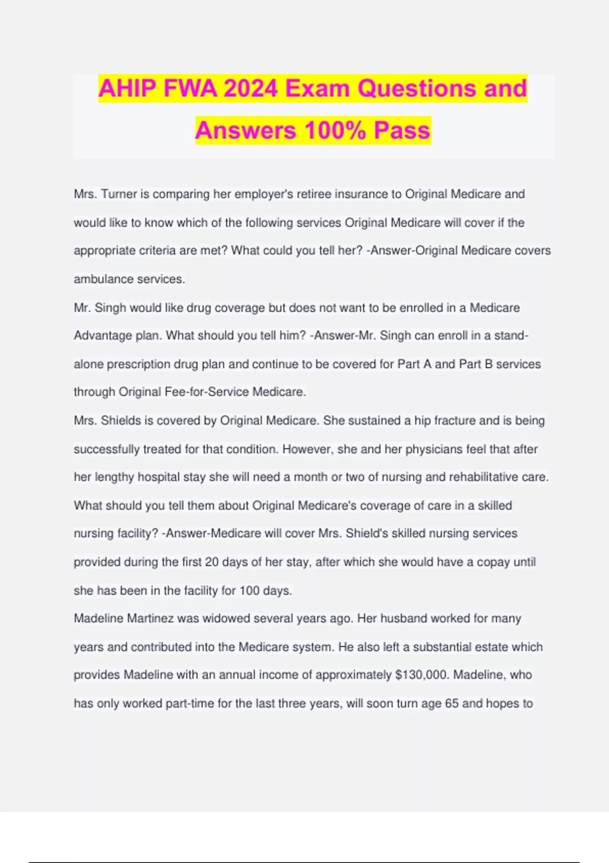 AHIP FWA 2024 Exam Questions and Answers 100% Pass - AHIP FWA 2024 - Stuvia US