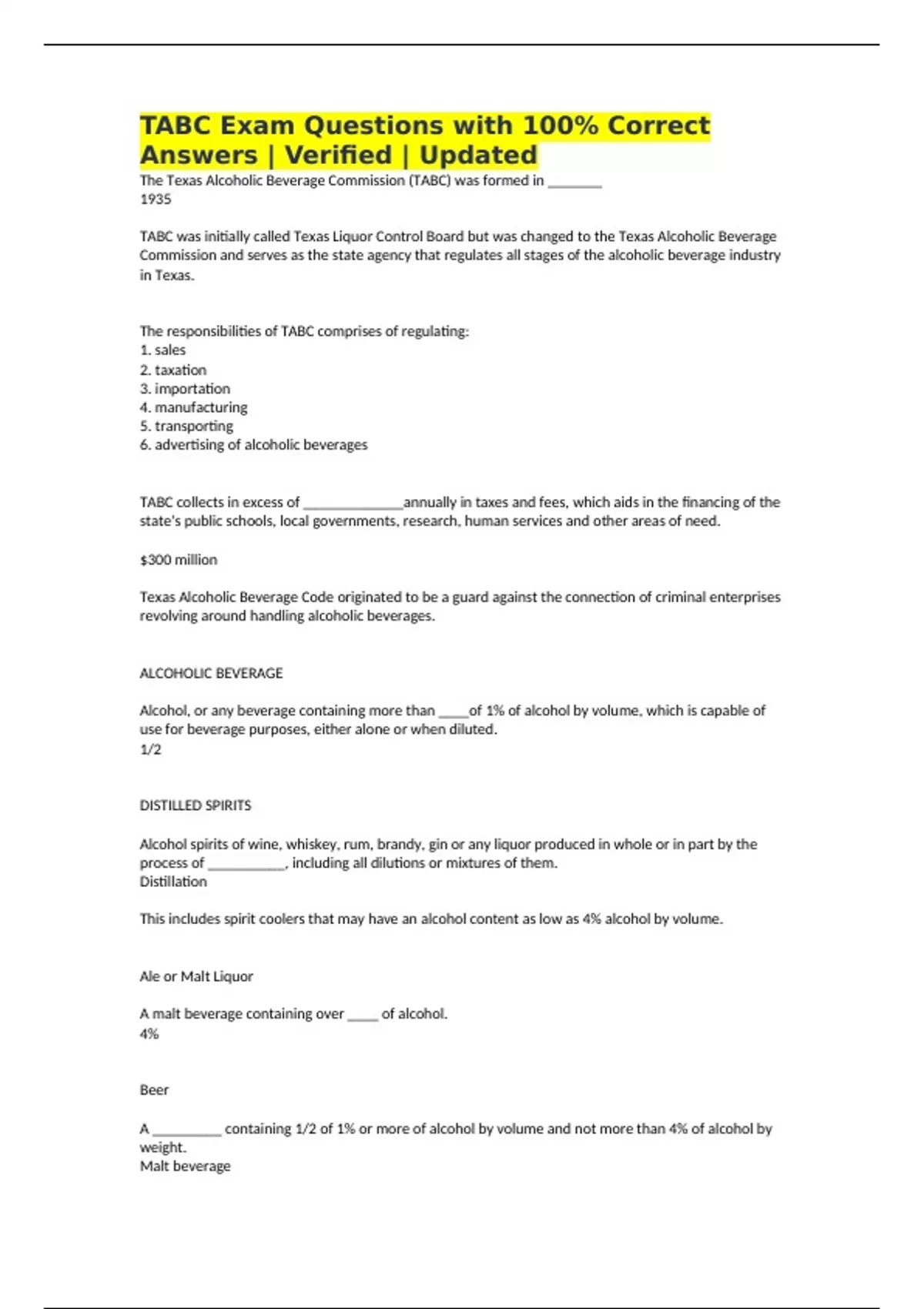 Tabc Exam Questions With 100 Correct Answers Verified Updated Tabc Stuvia Us